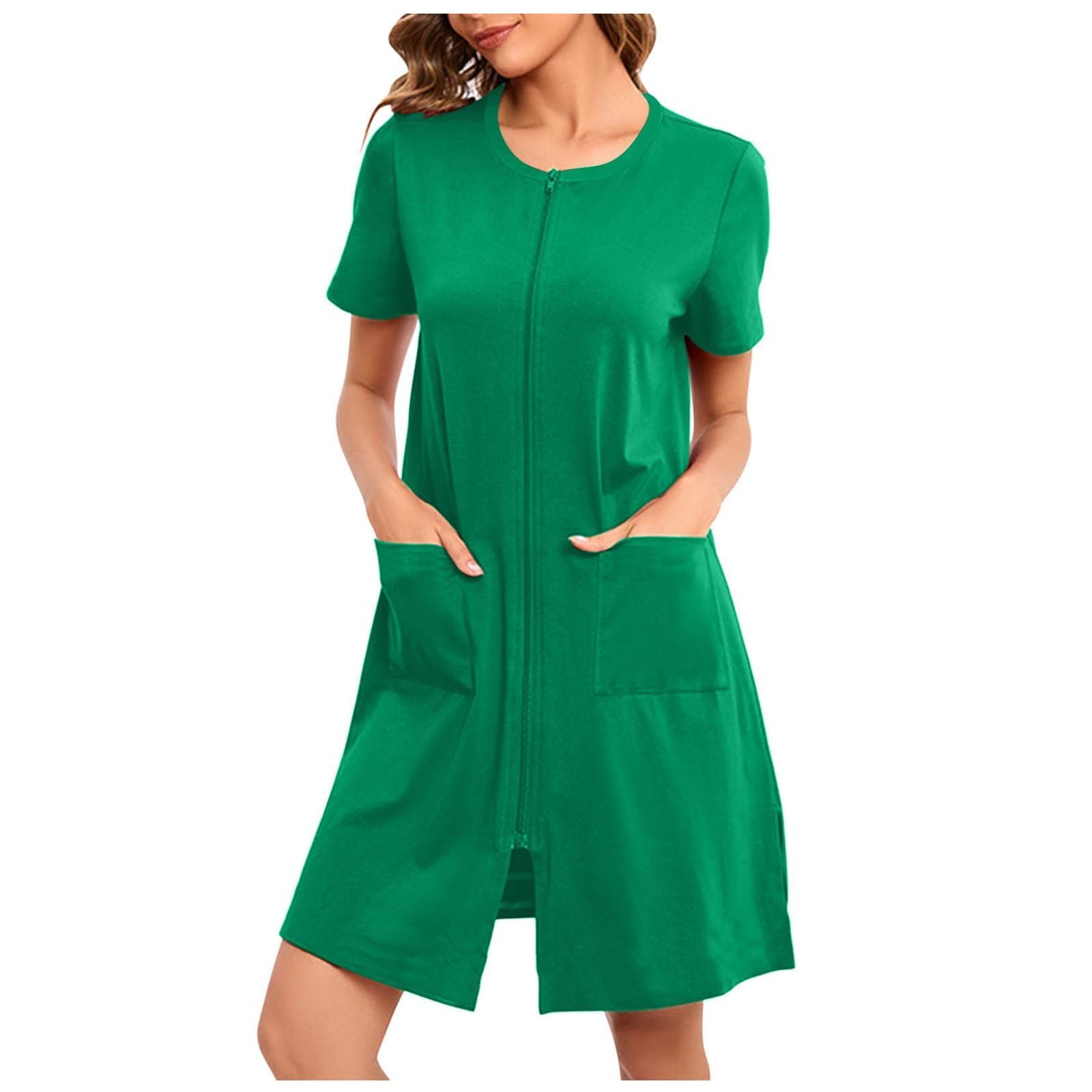 felwors Women Zipper Front House Coat Short Sleeves/3/4 Sleeve Robe ...