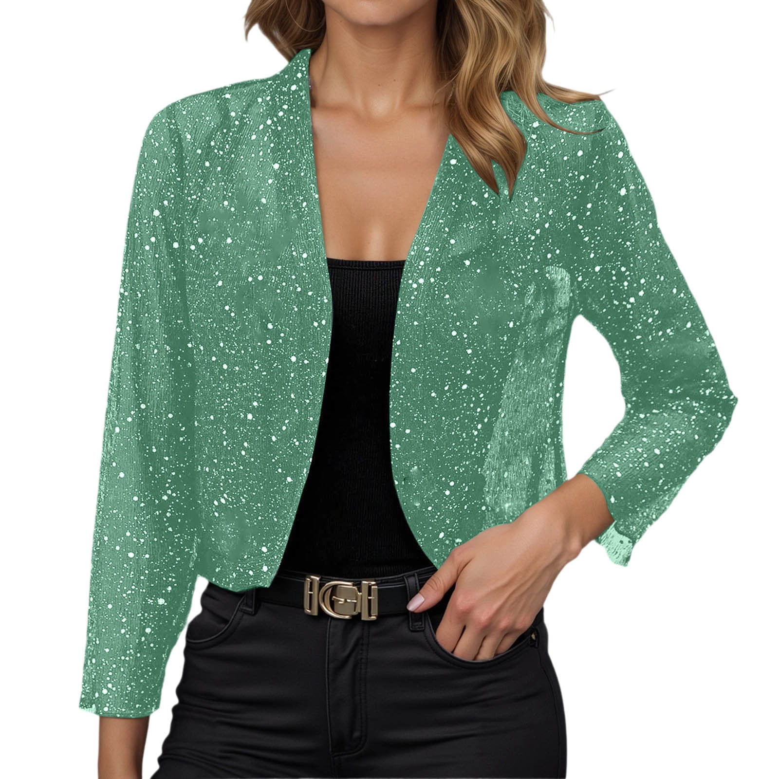 felwors Women's 3/4 Sleeve Sequin Cardigan Jackets Open Front Sparkly ...