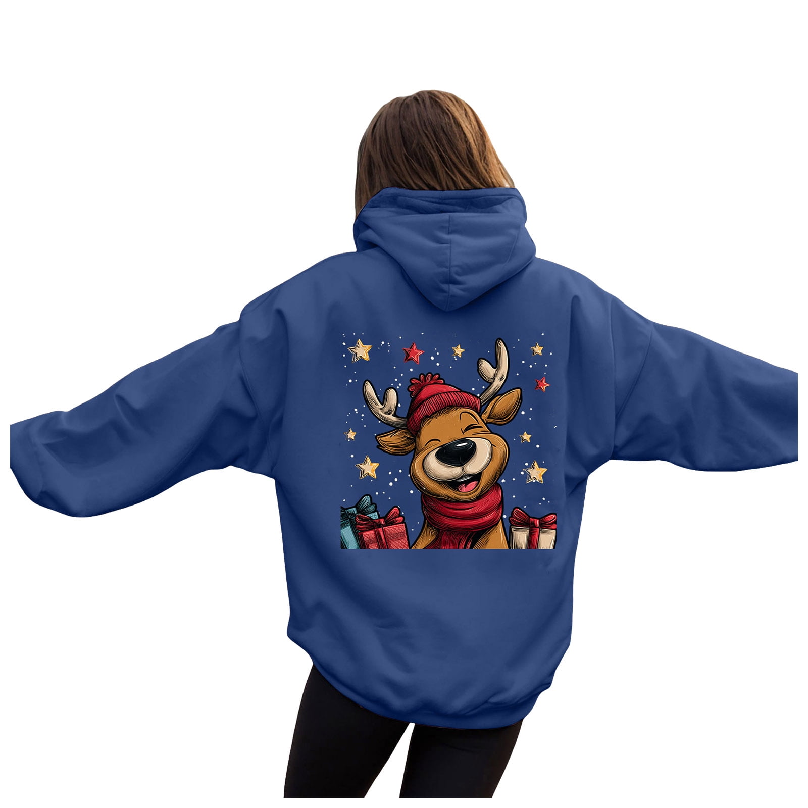 felwors Women's Christmas Winking Reindeer & Gifts Graphic Hoodie ...