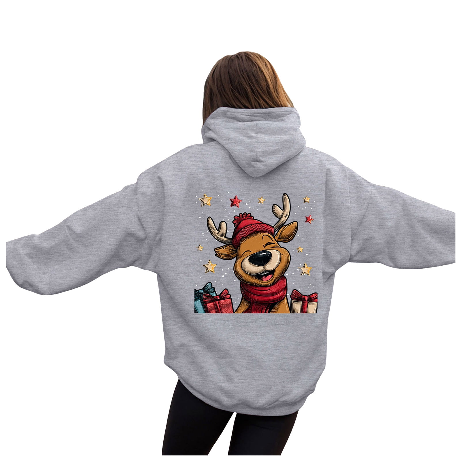 felwors Women's Christmas Winking Reindeer & Gifts Graphic Hoodie ...