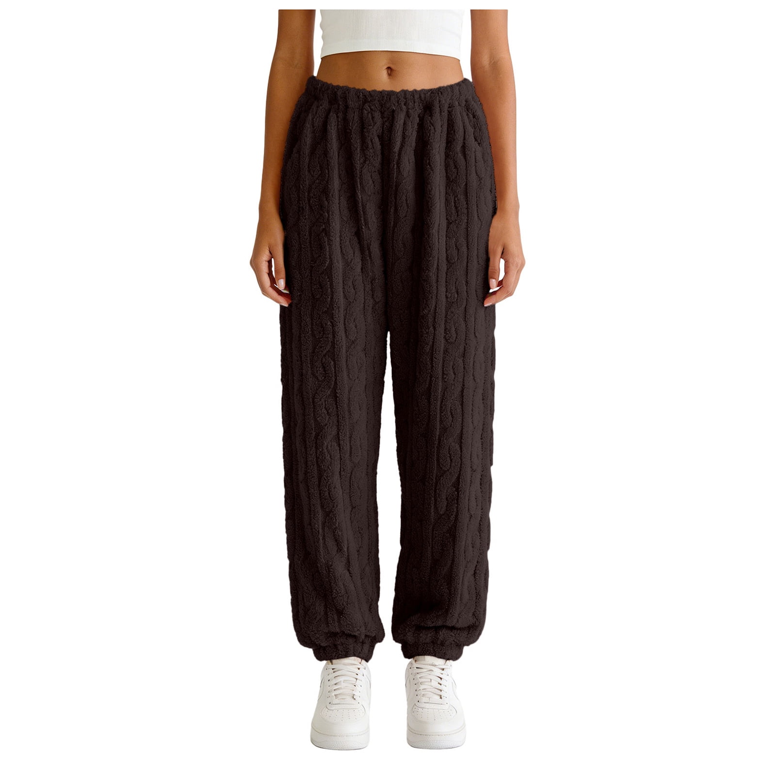 felwors Women's Fuzzy Fluffy Lounge Jogger Pants - Soft Warm Elastic ...
