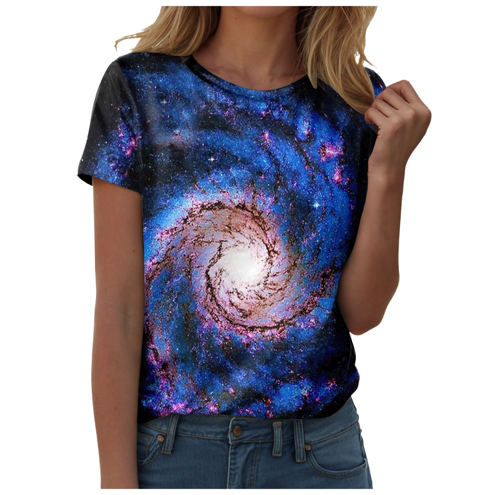 felwors Women's Galaxy Print Short Sleeve Crew Neck T-Shirt Vibrant ...