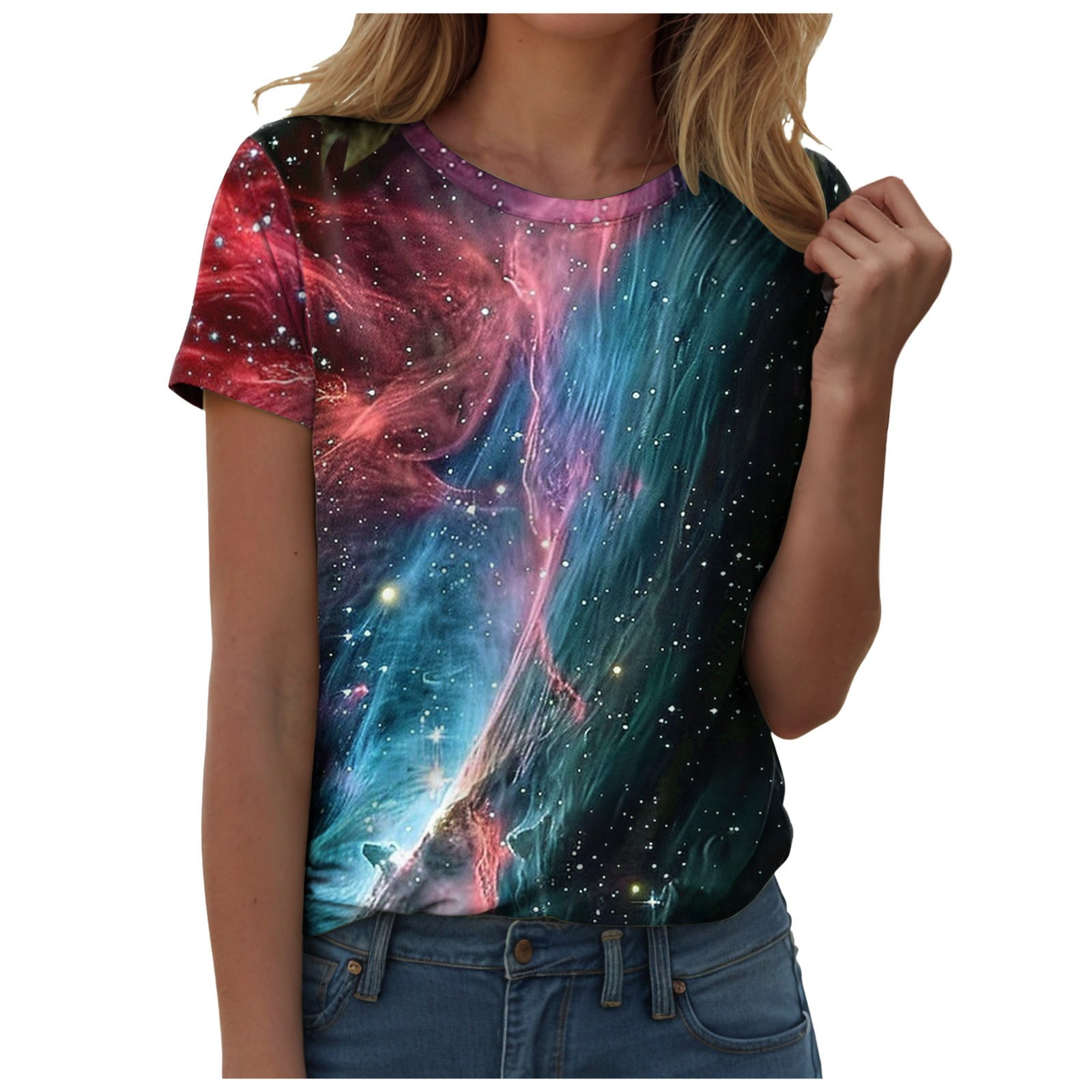 felwors Women's Galaxy Print Short Sleeve Crew Neck T-Shirt Vibrant ...