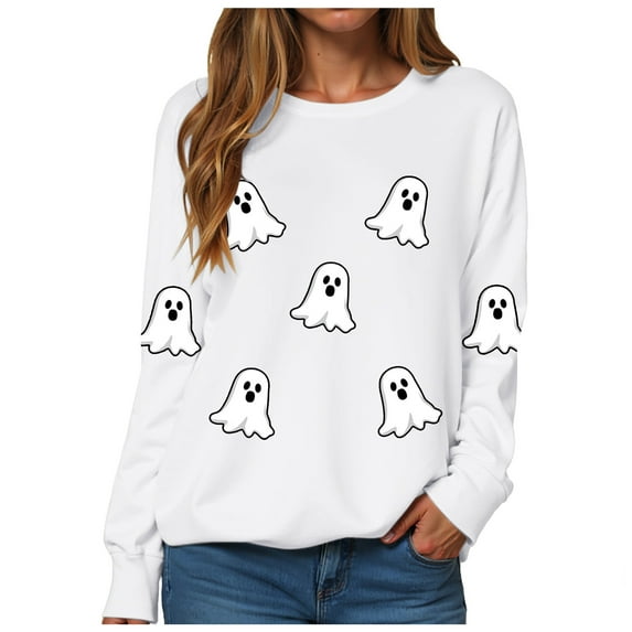 felwors Women's Halloween Ghost Print Crewneck Sweatshirt - Casual Long ...