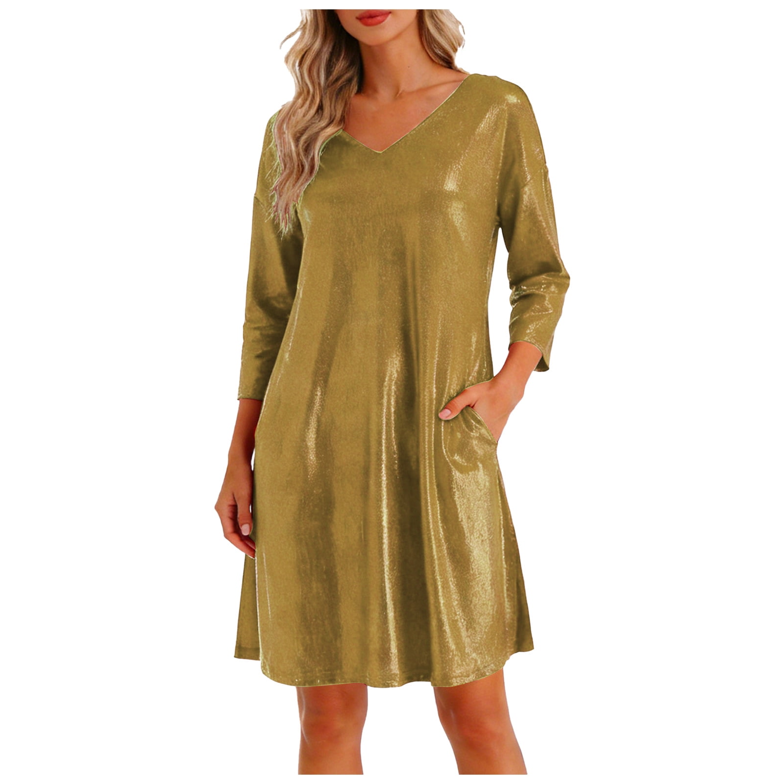 felwors Women's Metallic Shiny V Neck 3/4 Sleeve Swing Dress - Loose ...
