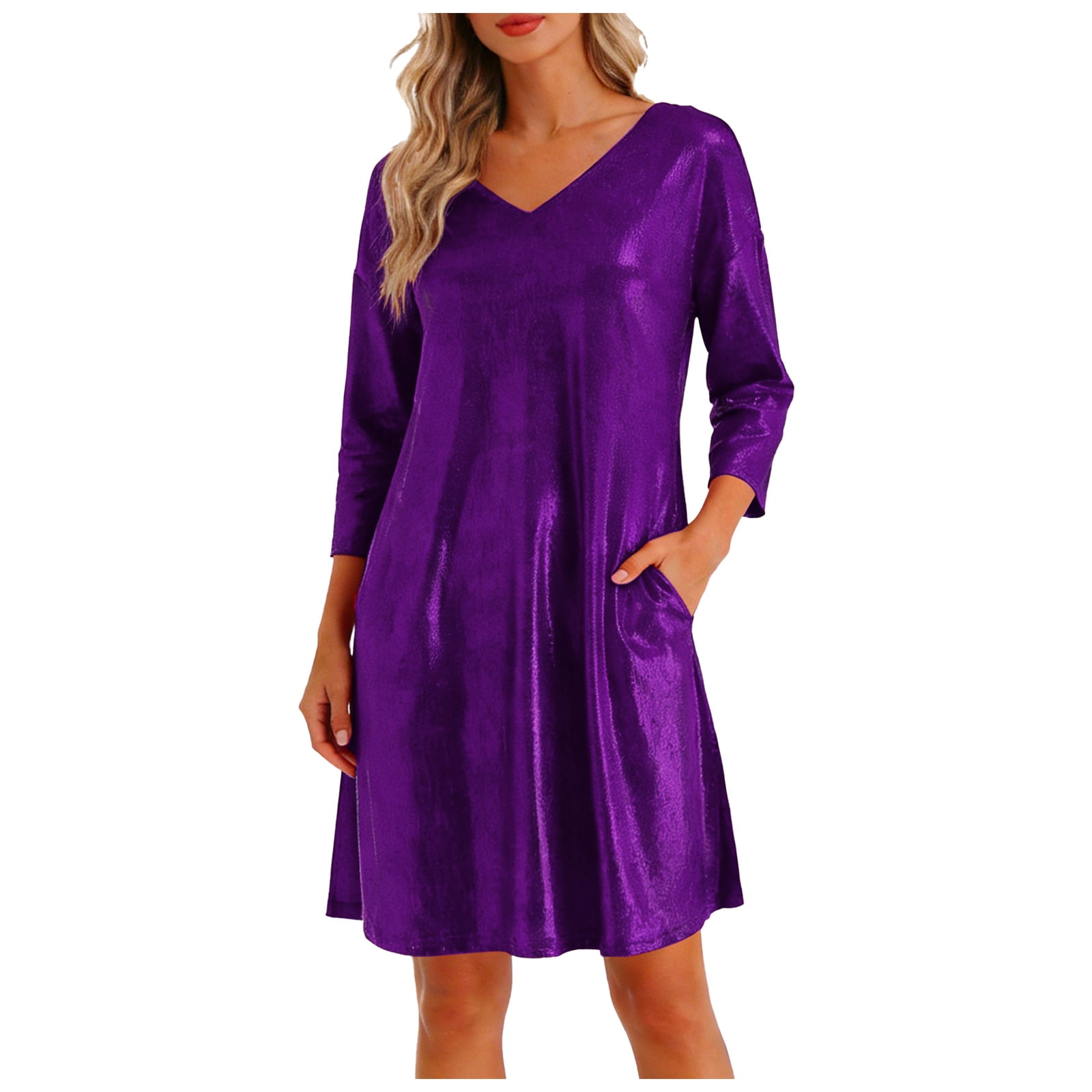 felwors Women's Metallic Shiny V Neck 3/4 Sleeve Swing Dress - Loose ...