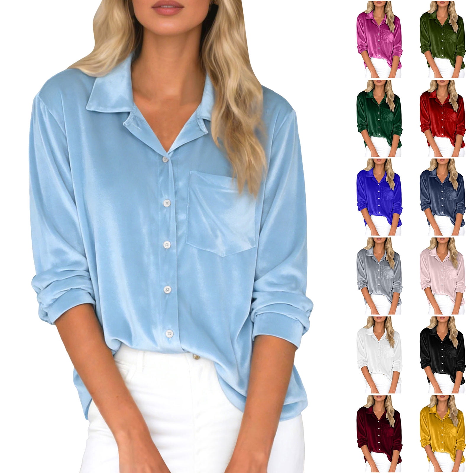 felwors Women's Satin Button-Down Shirt Long Sleeve Blouse with Chest ...