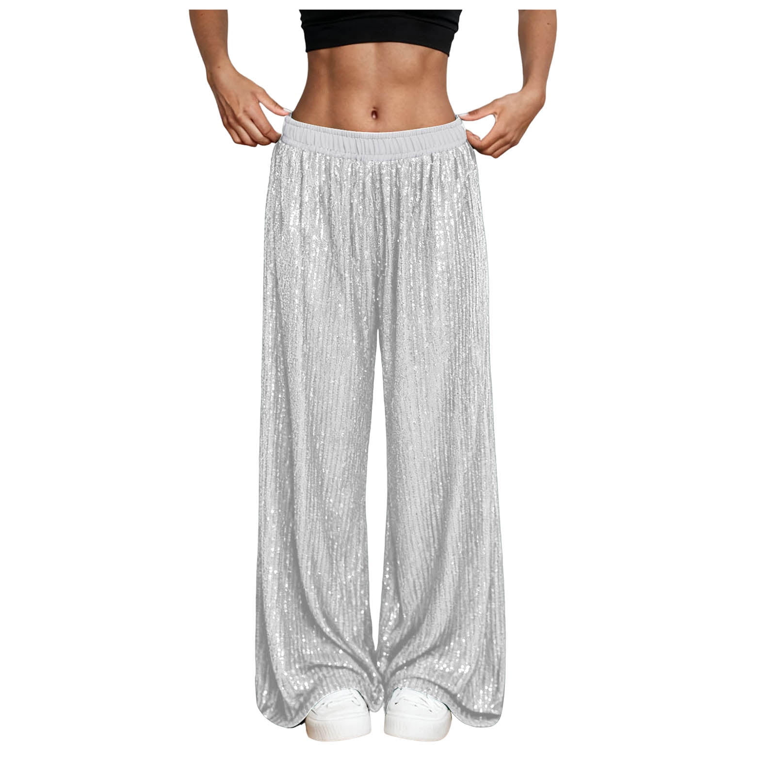 felwors Women's Shiny Sequin Wide Leg Pants Elastic Waist Sparkly Baggy ...