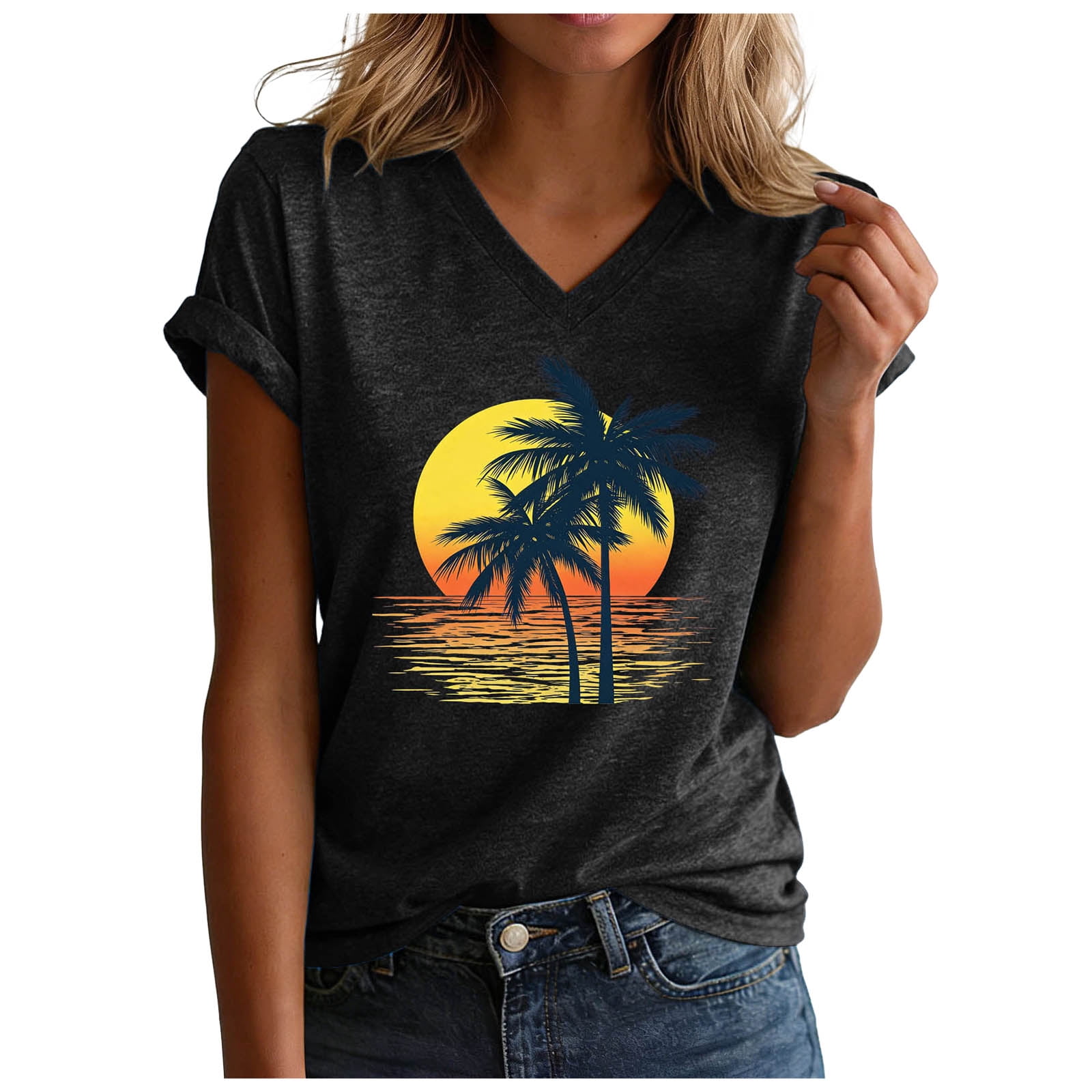 felwors Women's T- V-Neck Graphic Tees Vintage Boho Flowers Summer ...