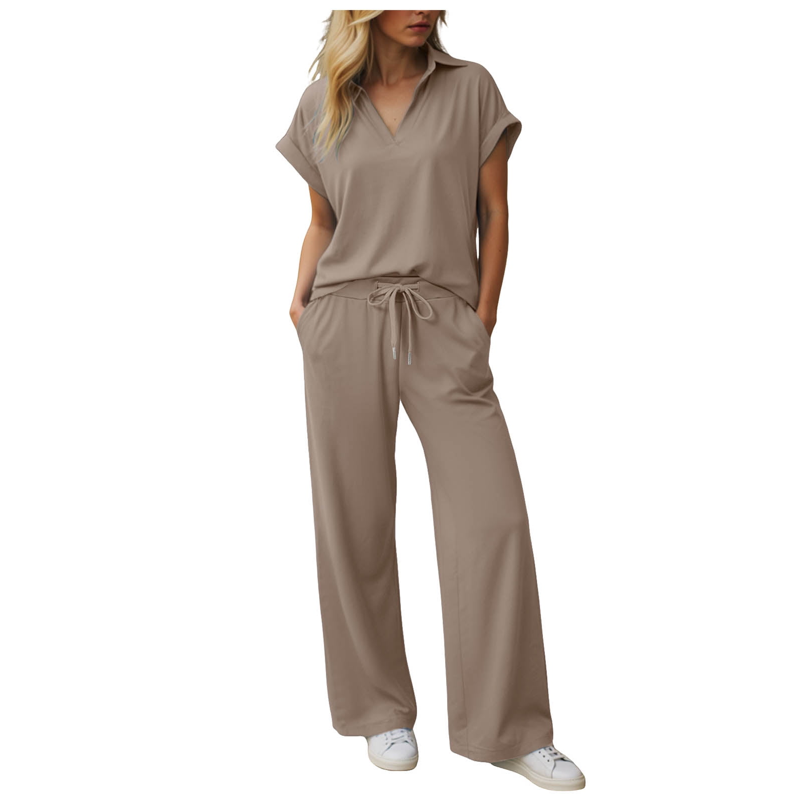felwors Womens 2 Piece Summer Outfit Lounge Set Cap Sleeve Polo Top And ...