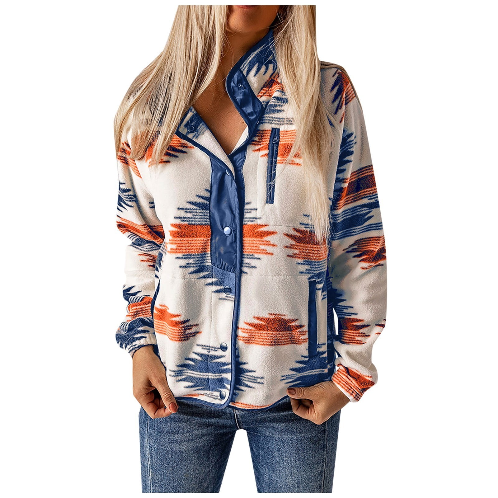 felwors Womens Fleece Jacket Western Aztec Print Long Sleeve Snap ...