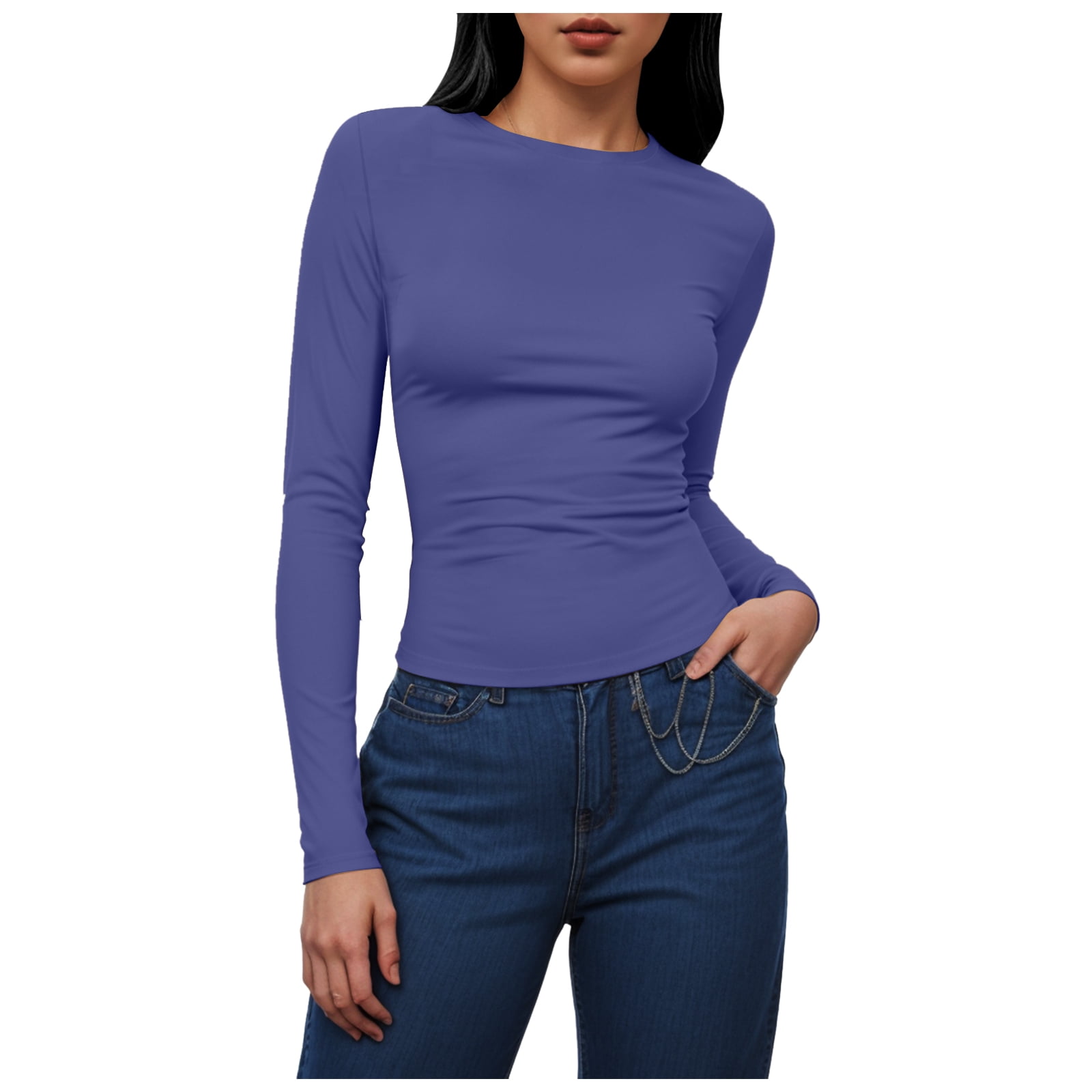 felwors Womens Long Sleeve Shirts Basic Compression Going Out Crop Tops ...