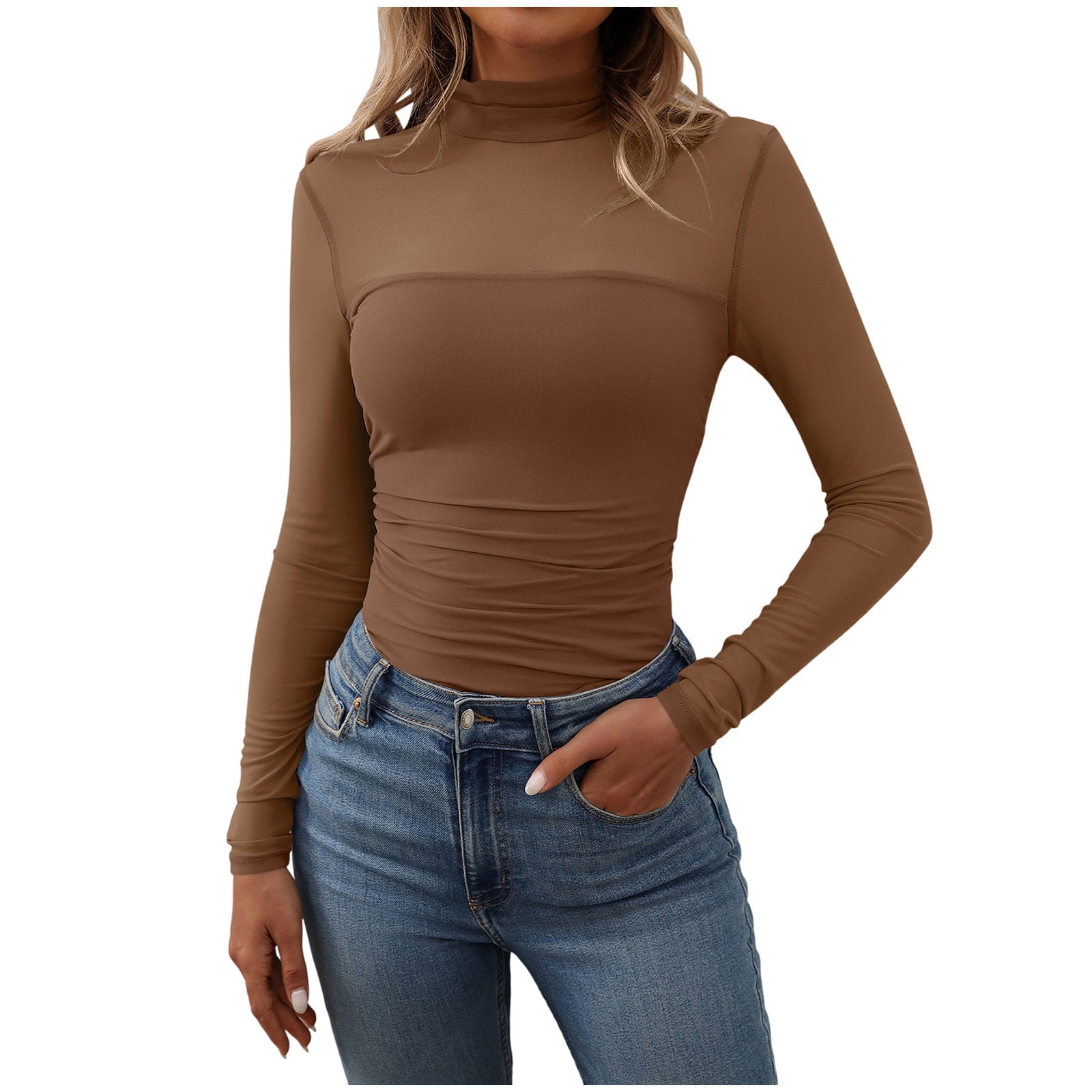 felwors Womens Mesh Sheer Long Sleeve Top Turtle Neck See Though Shirts ...