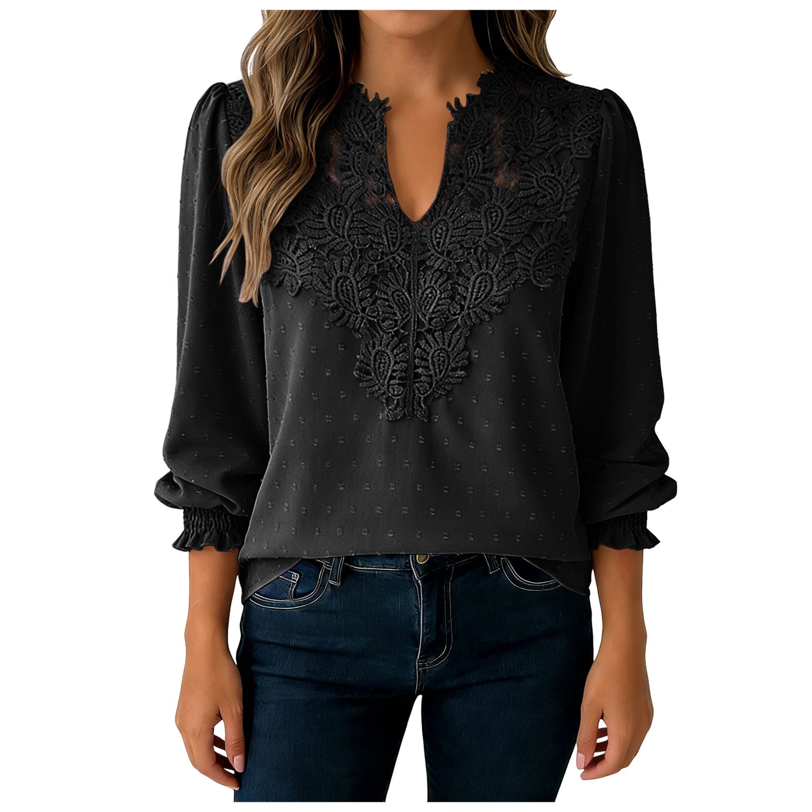 felwors Womens Tops Swiss Dot Boho Long Sleeve Shirts V Neck Casual ...