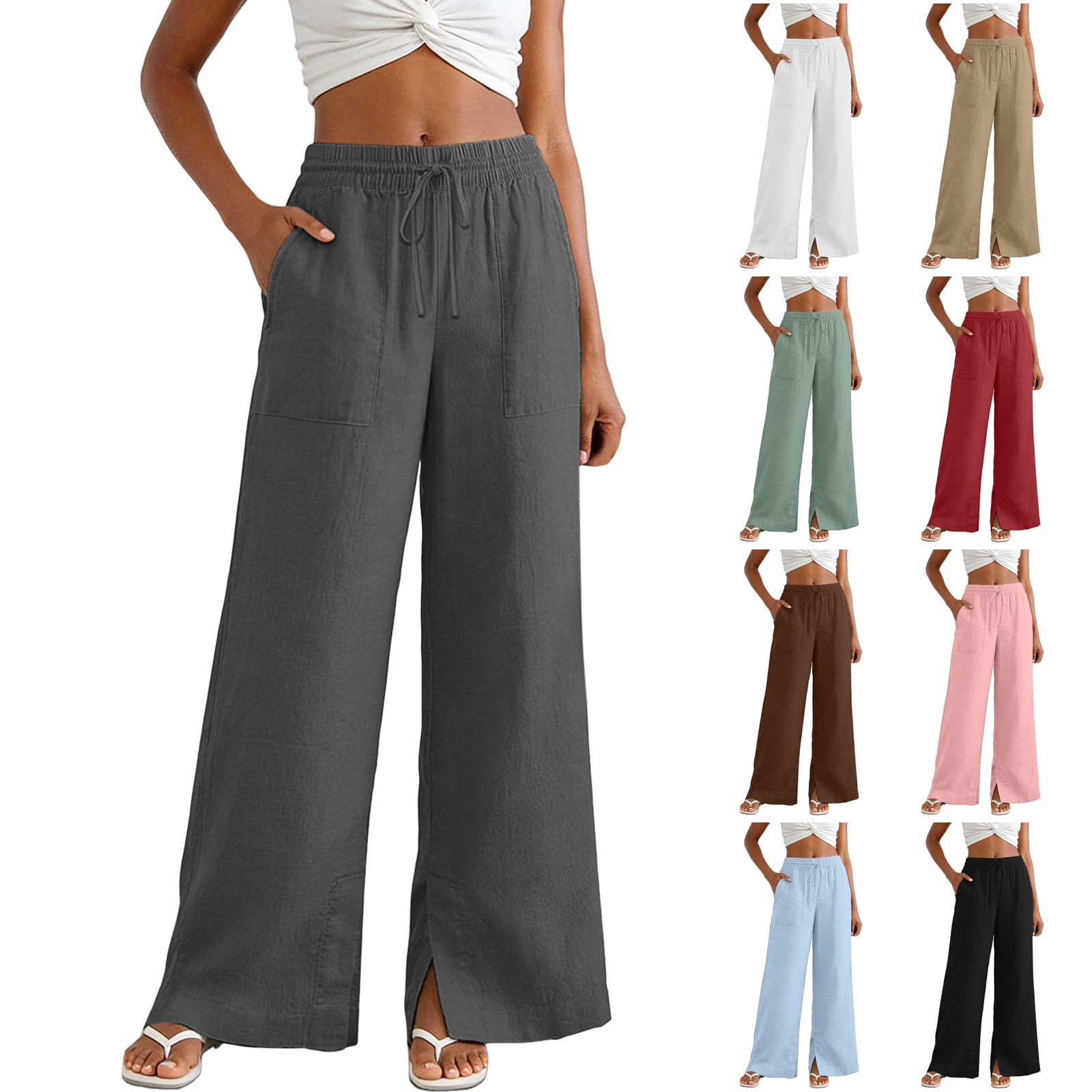 felwors Womens Wide Leg Palazzo Linen Pants High Waist Split Ankle ...