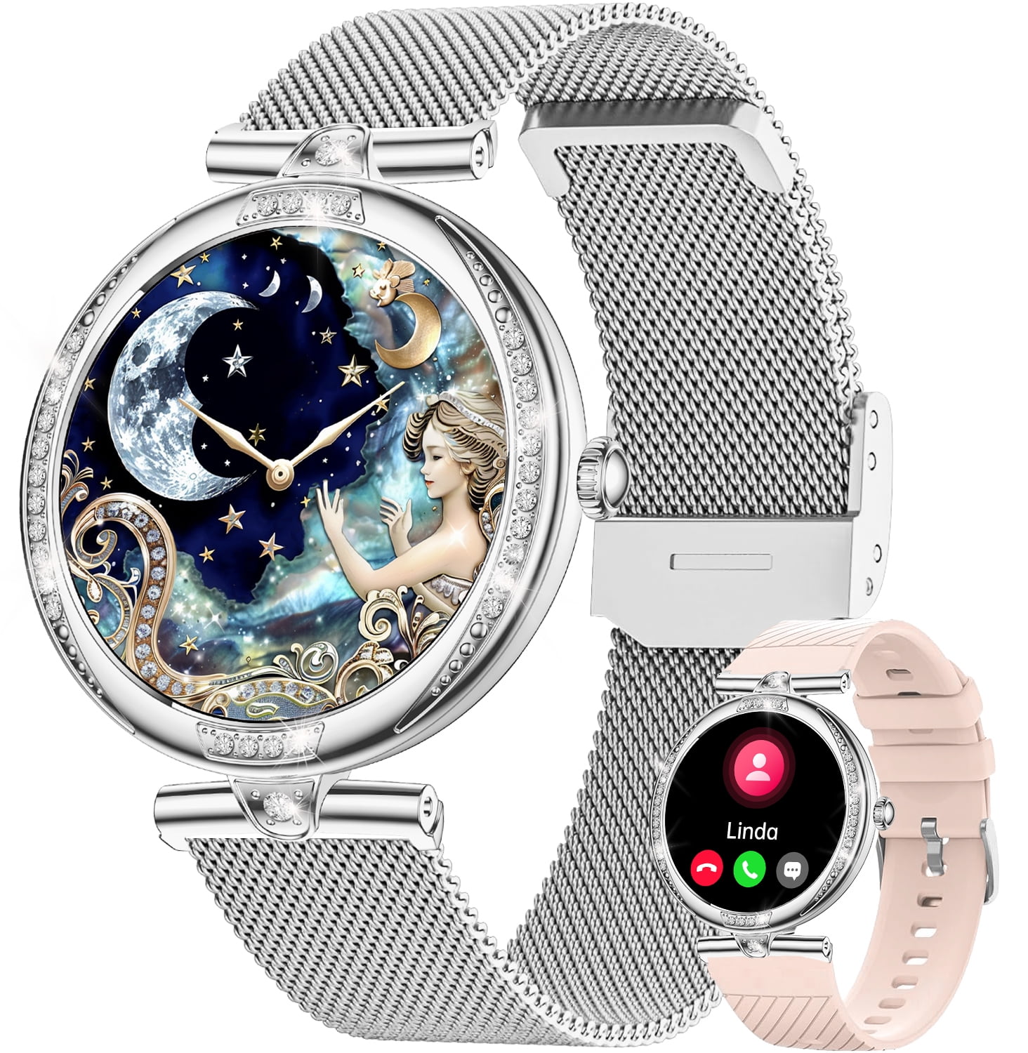 A female smartwatch wearing diamonds (for answering/making calls), a 1. ...