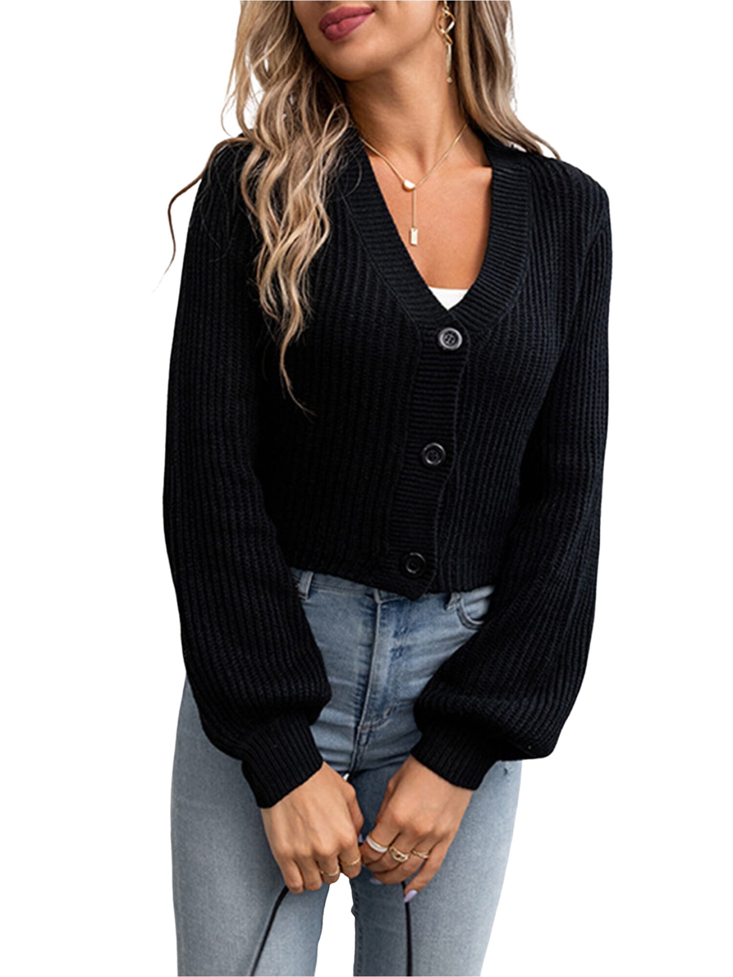 fengxih Women Chunky Knit Cardigan Open Front Crochet Sweater Coat V ...