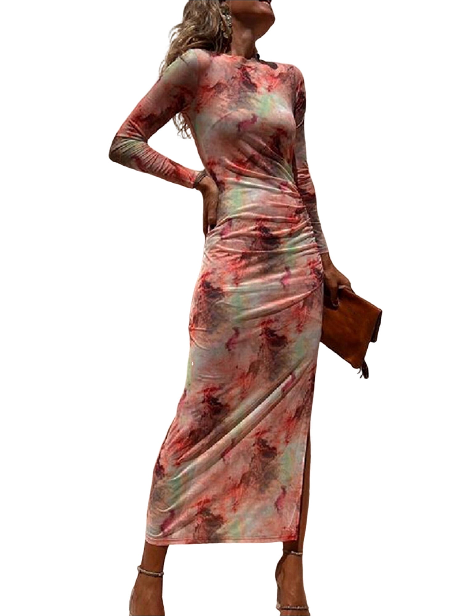 fengxih Women Floral Printed Bodycon Dress Long Sleeve Crewneck Wrap ...