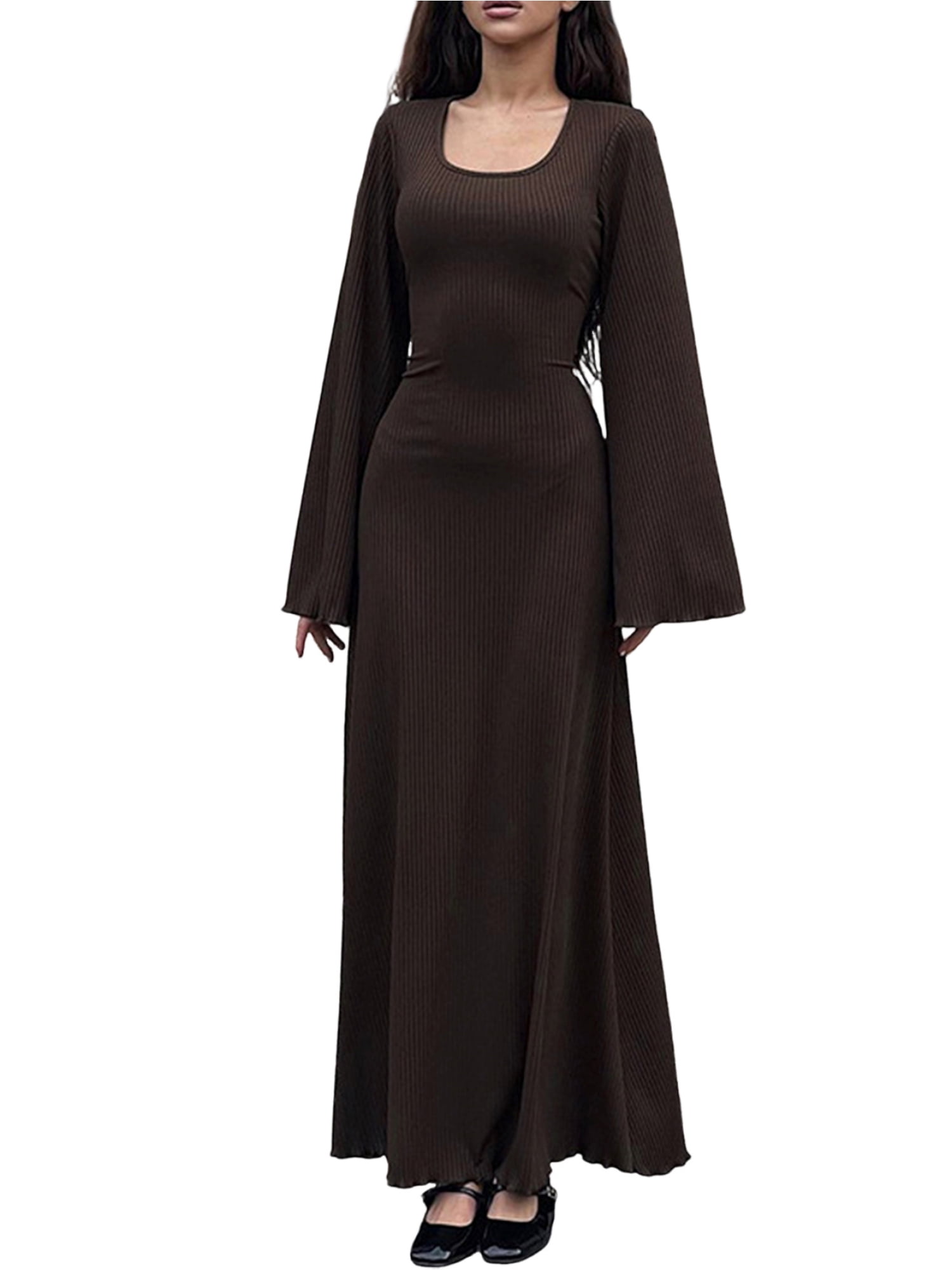 fengxih Women Maxi Dress High Waist Flare Long Sleeve U-Neck Wrap Dress ...