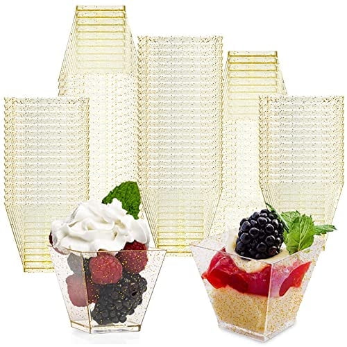 fenze 100 square 2-ounce dessert cups, gold glitter plastic cups, mini ...