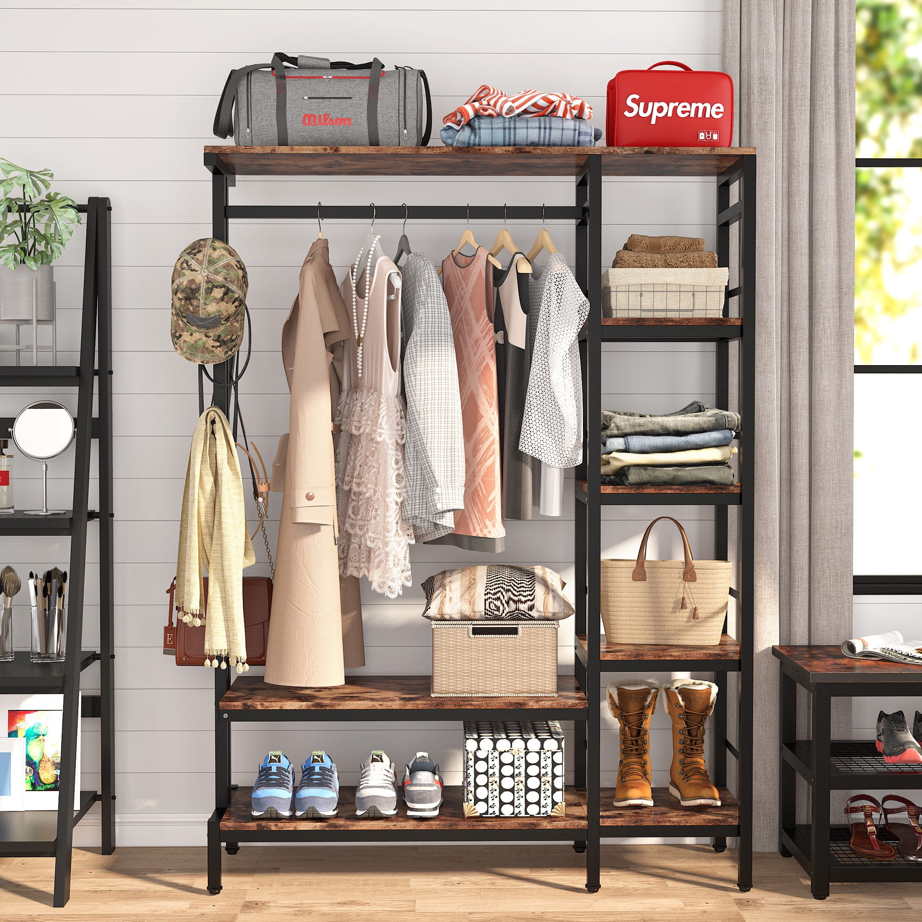 fesstanding closet clothes garment rack with hooks,Closet Organizer ...