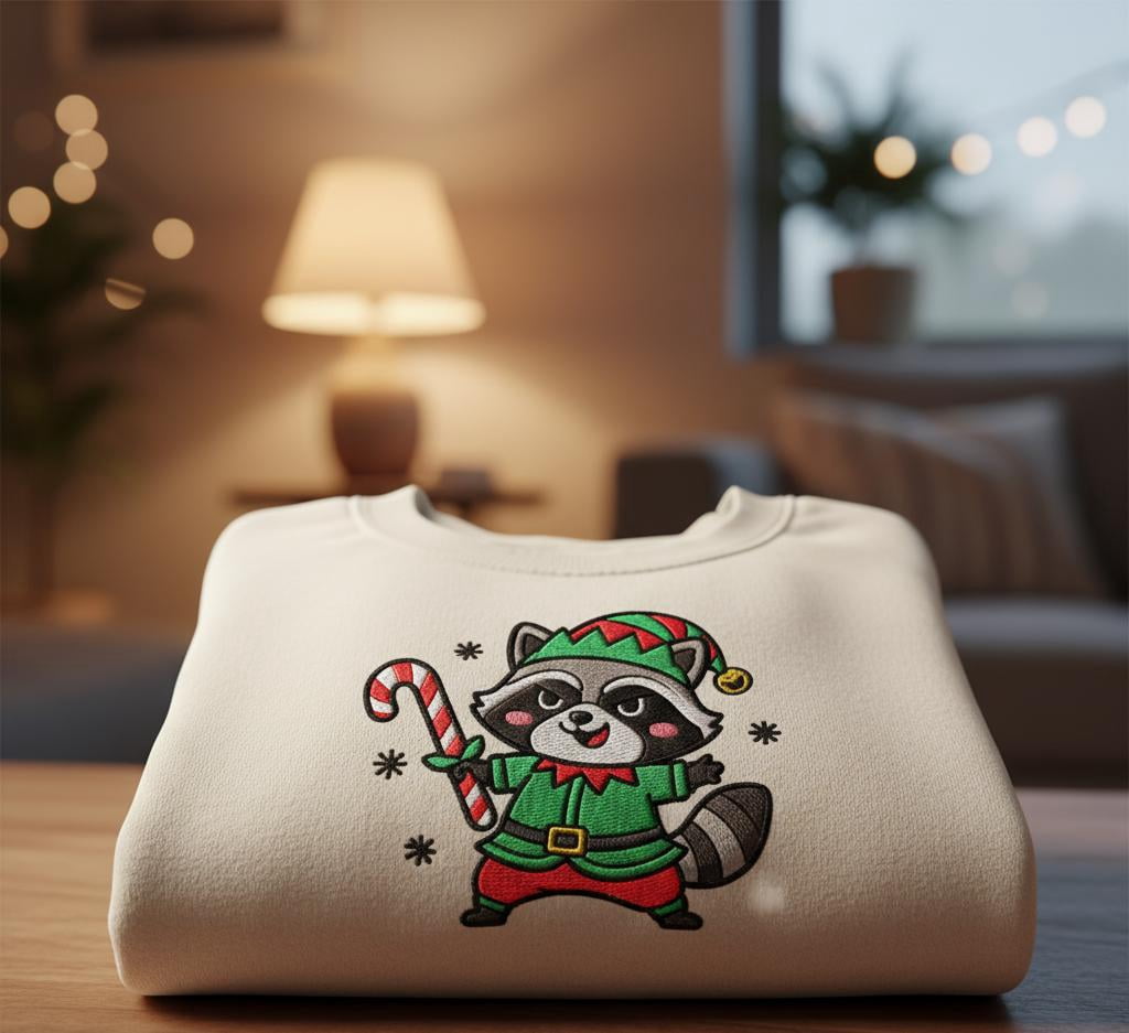festive raccoon elf embroidered sweater with cute candy cane design for ...