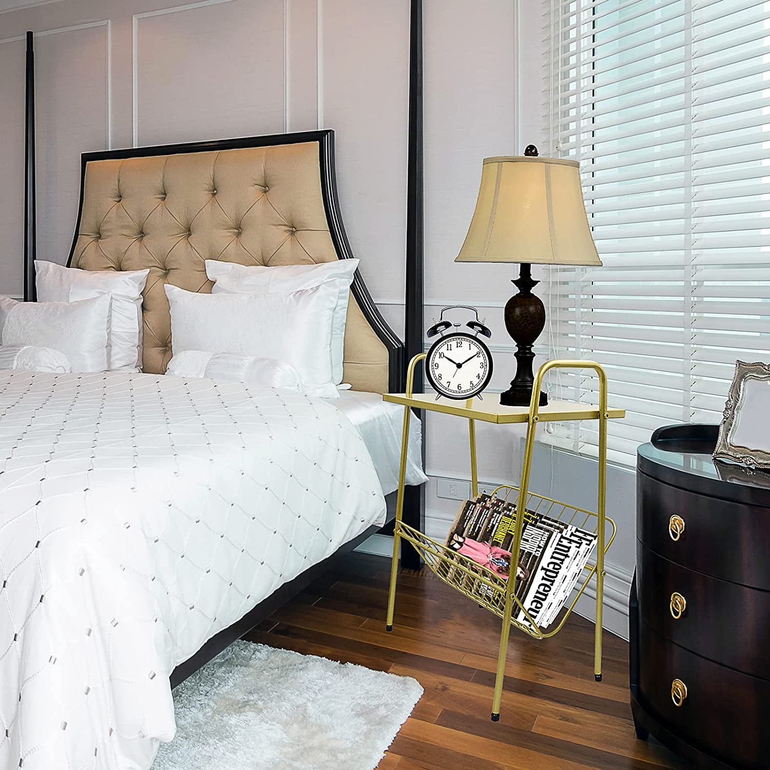 fhduf Side Table Gold End Table with Magazine Holder Record Player ...