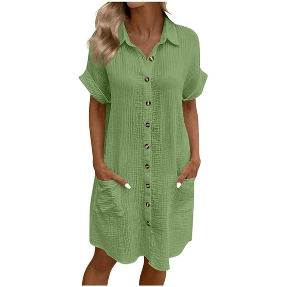 fheaev Button Down Shirt Dresses for Women Cotton Button Up Tunics Top Long Sleeve V Neck Solid ...