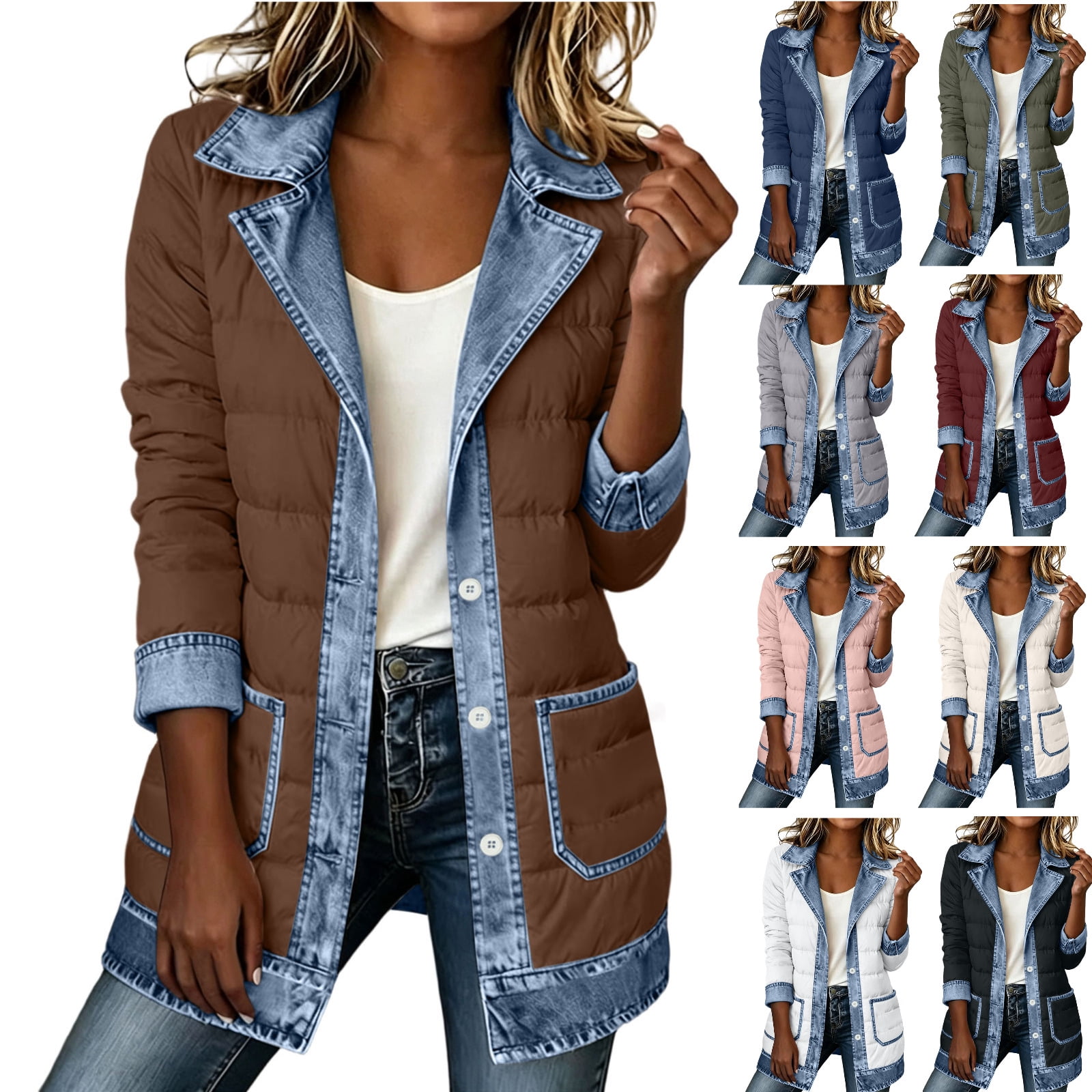 fheaev Denim Patchwork Padded Coat for Women Mid Length Jacket with ...