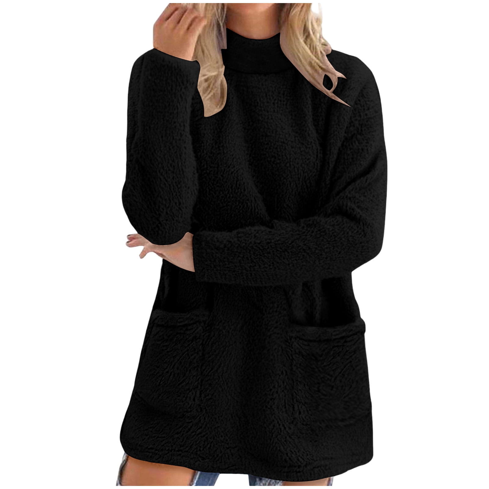 fheaev Fuzzy Sweater for Women Cozy Loose Jumper Sweater Turtleneck ...