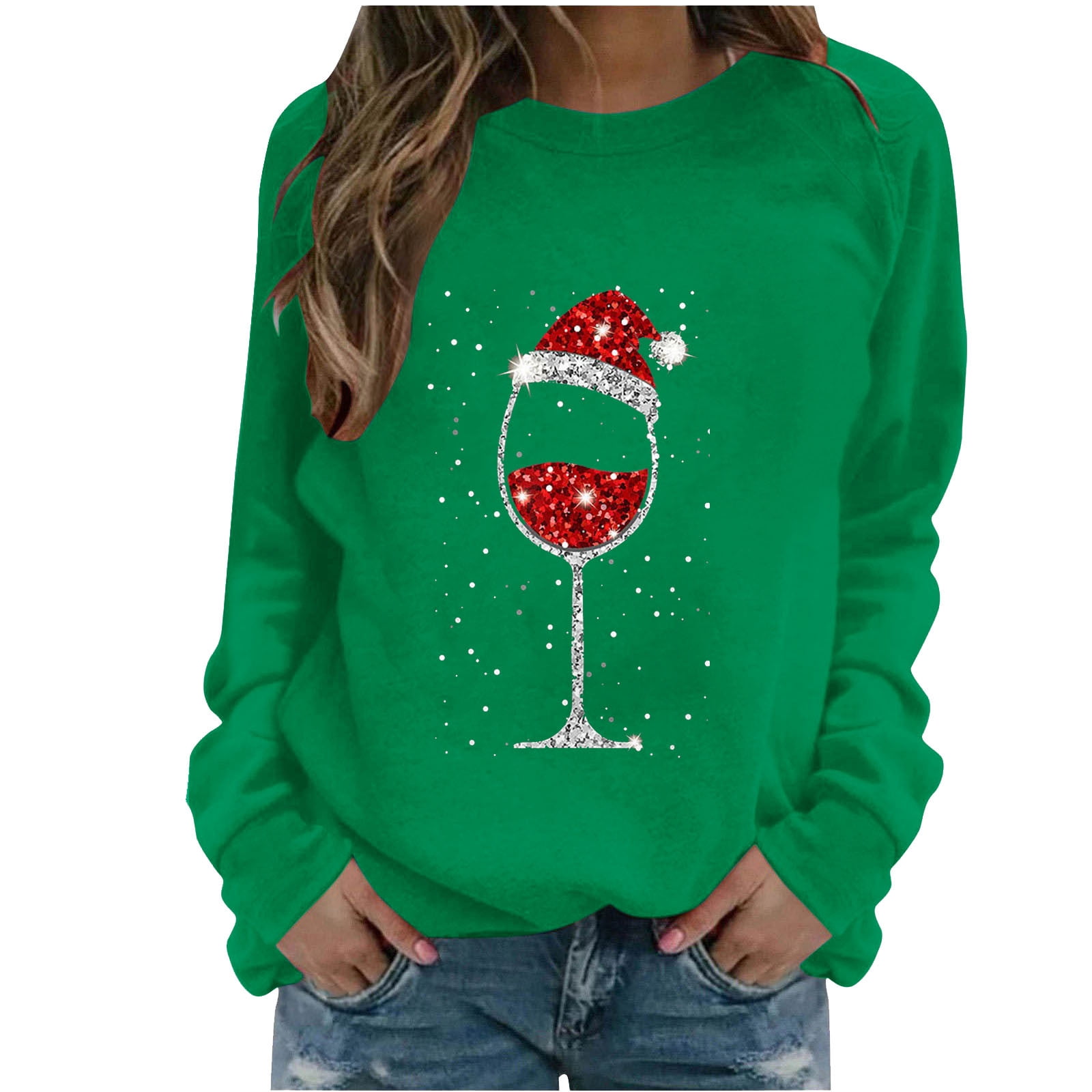 fheaev Long Sleeve Shirts for Women Christmas Wine Glass Printed Shirts ...