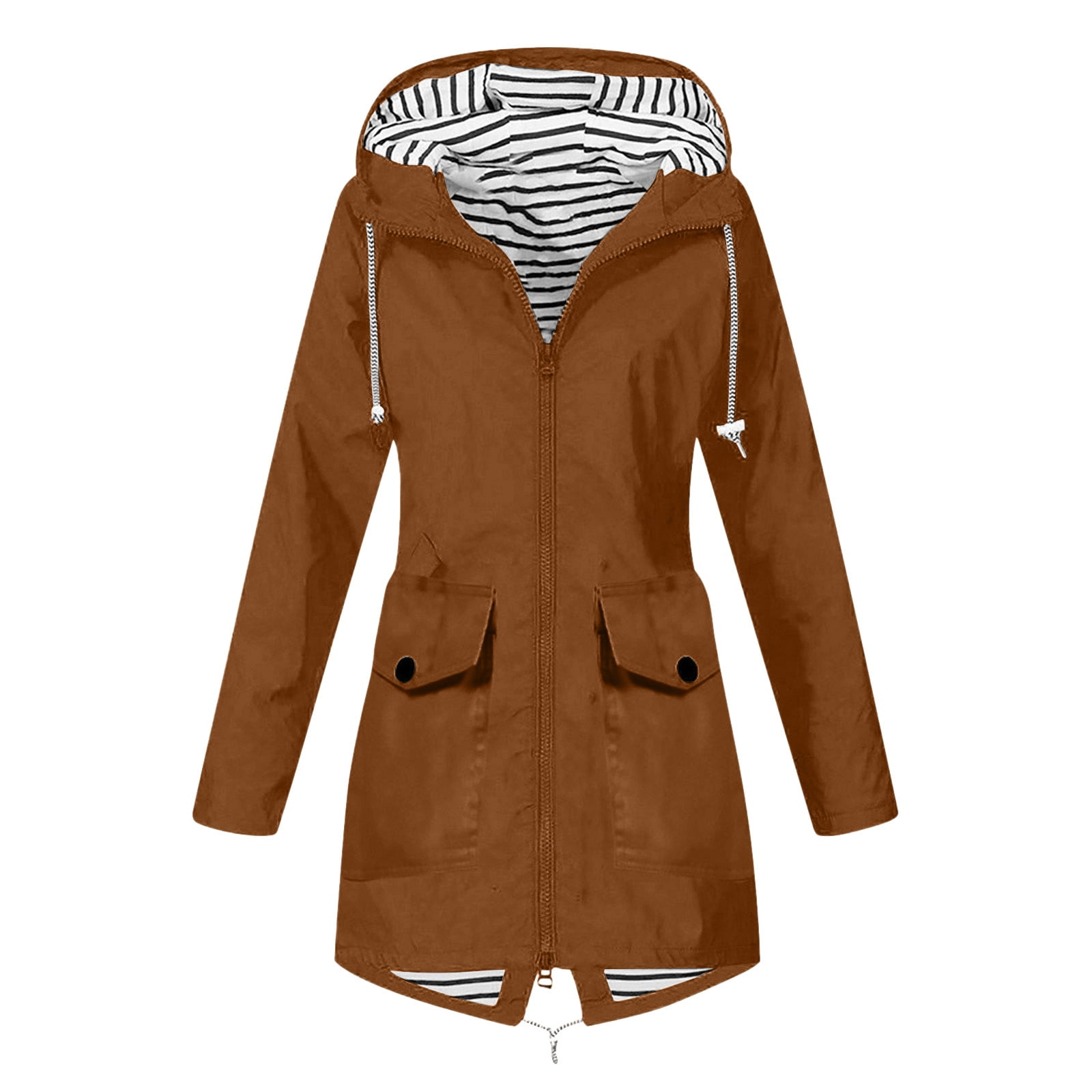 fheaev Raincoat for Women Solid Color Rain Jacket Outdoor Hooded Windproof Loose with Pocket ...