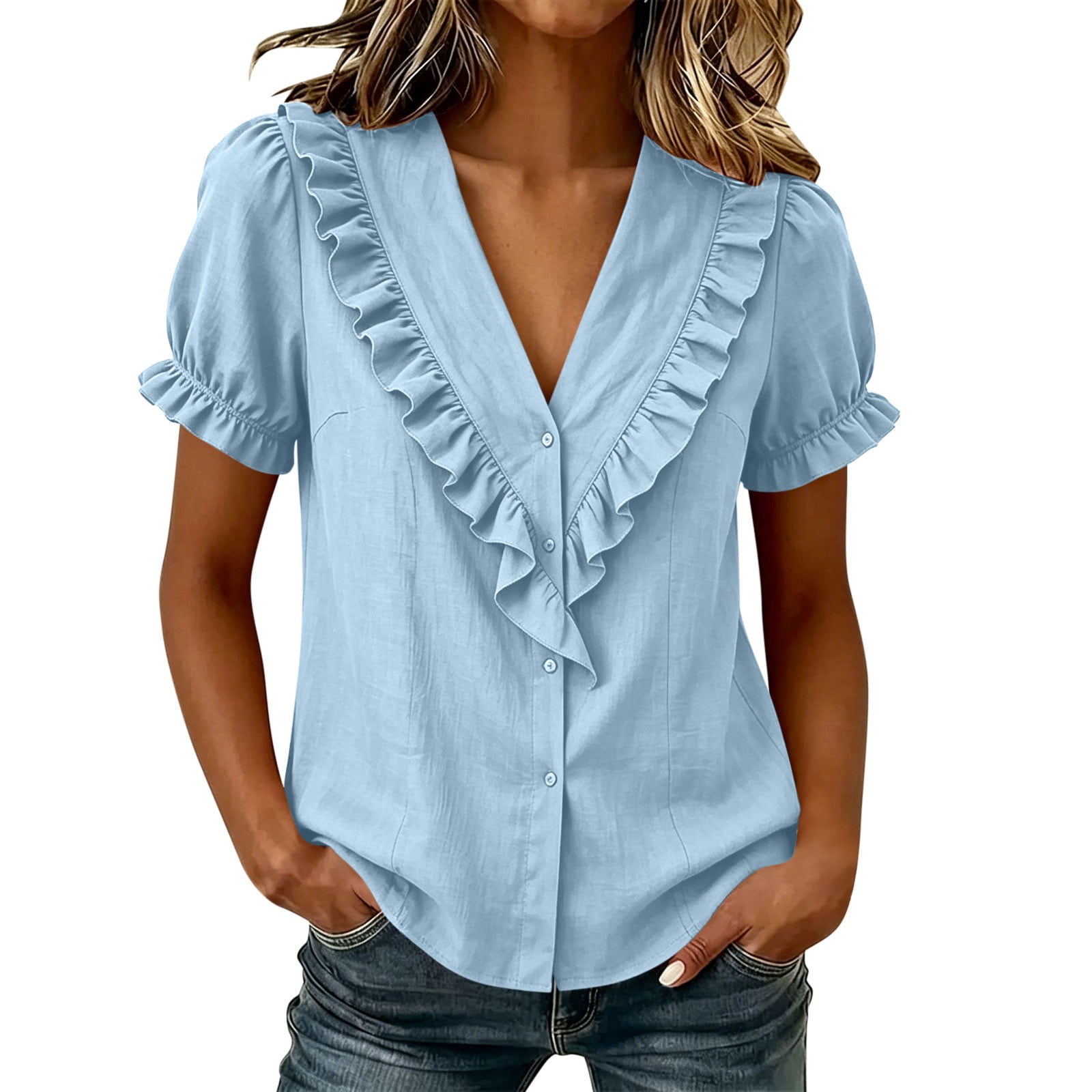 fheaev Summer Tops for Women Solid Color V-Neck Pleated Button Collar ...