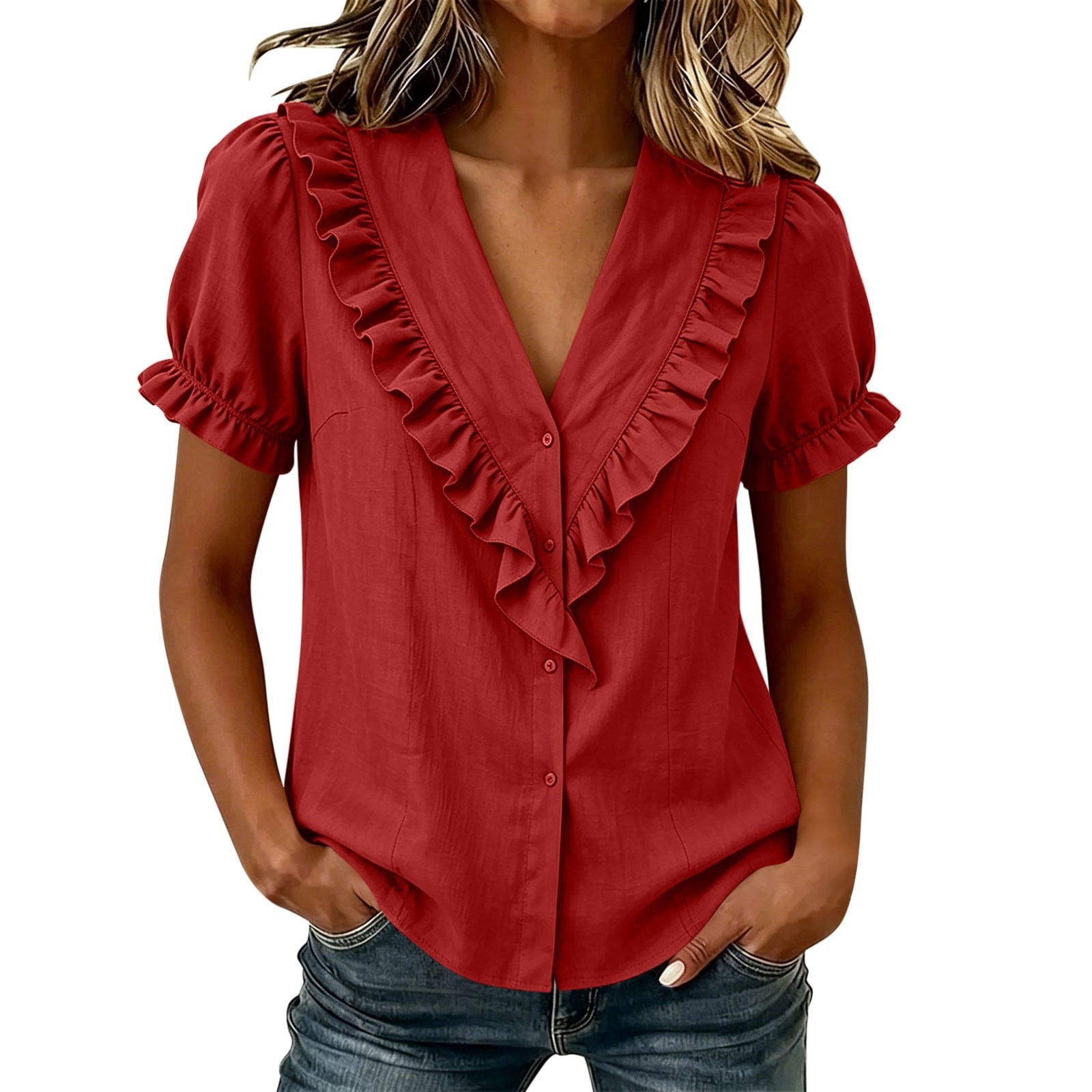 fheaev Summer Tops for Women Solid Color V-Neck Pleated Button Collar ...