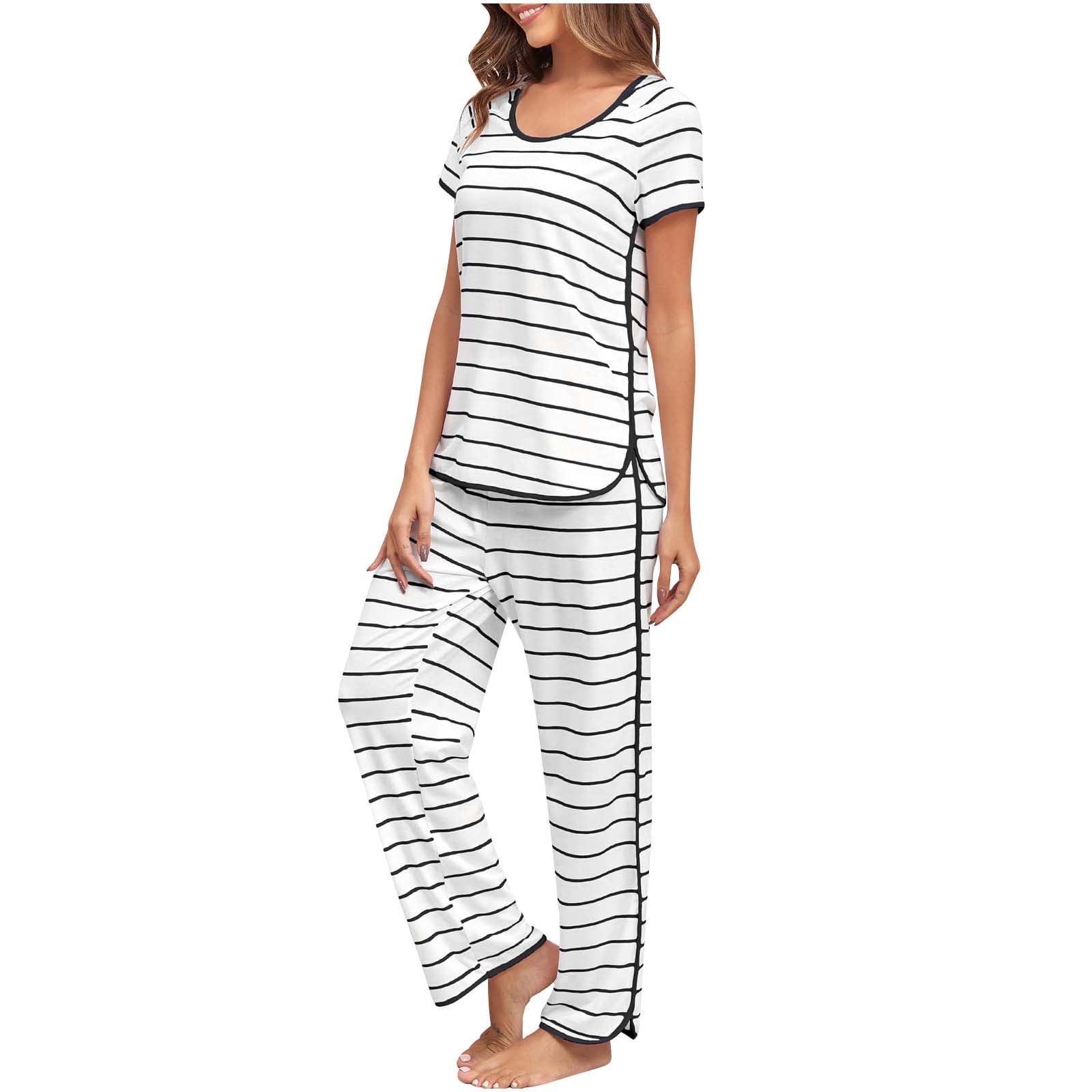 fheaev Two Piece Pajama Set For Women Round Neck Short Sleeve Blouse ...