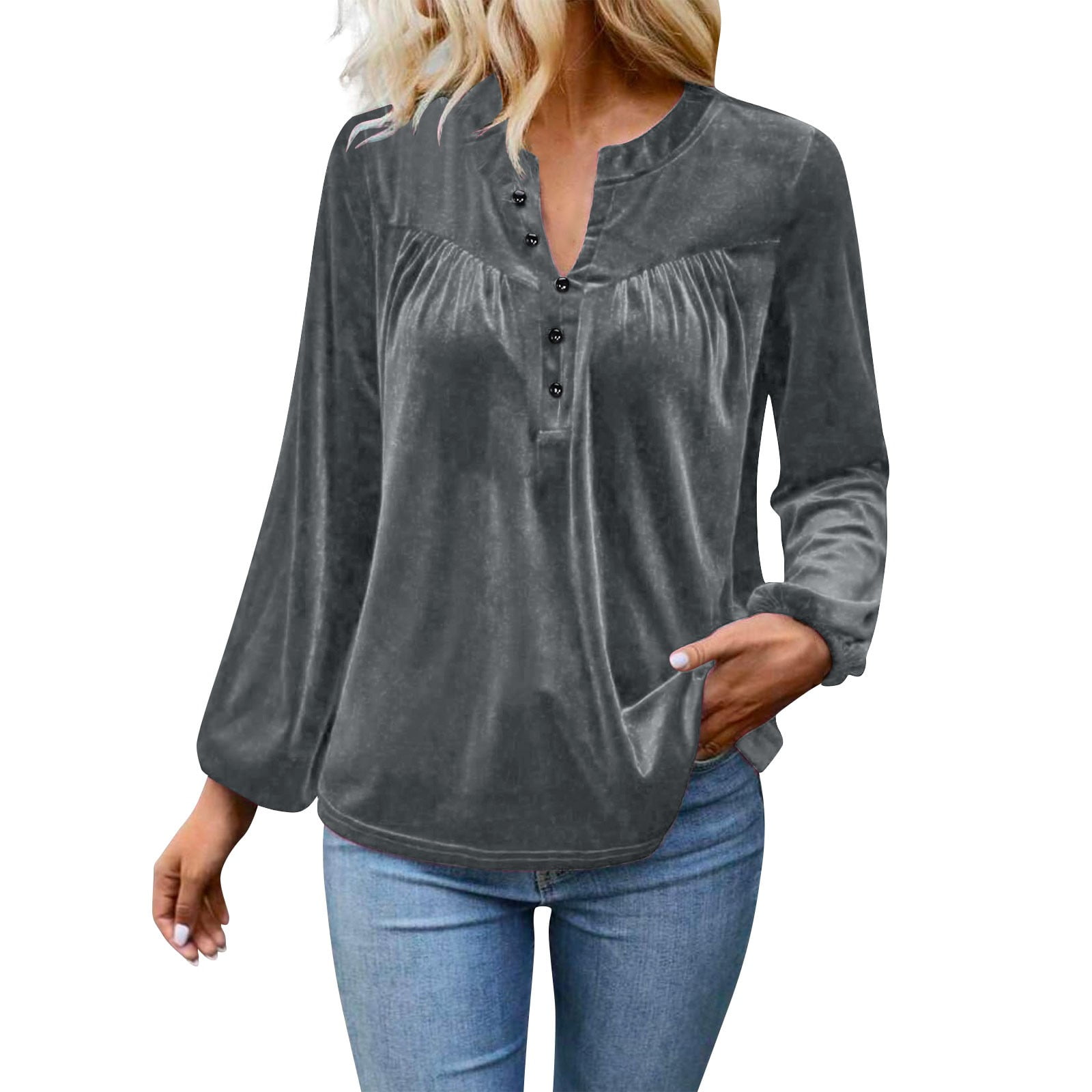 fheaev Velvet Tops for Women Dressy Casual Long Sleeve V-Neck Work ...