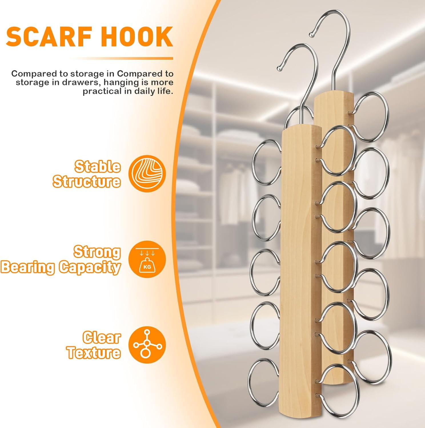 fhxbjoi 2 PCS Carf Hanger Wooden Scarf Holder for Closet Organizer and ...