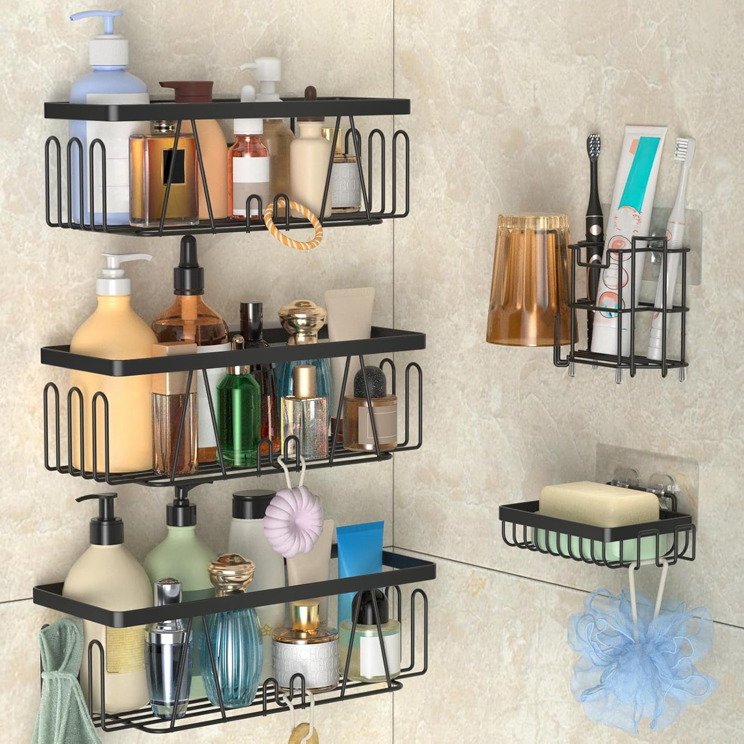 fhxbjoi 2-Pack Corner Shower with 4 Hooks Adhesive Bathroom Shower Rack ...