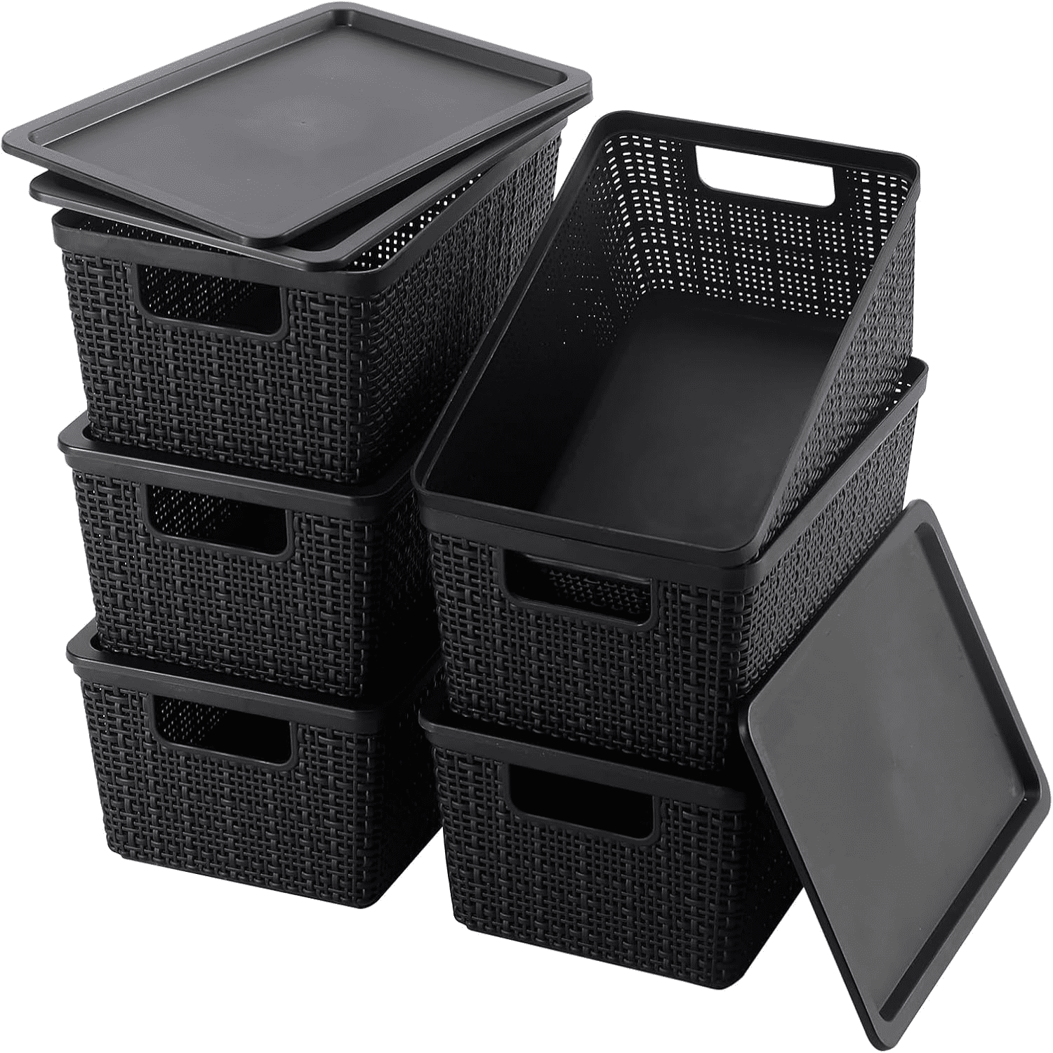 fhxbjoi 6 Pack Plastic Storage Baskets With Lids Black Breathable ...