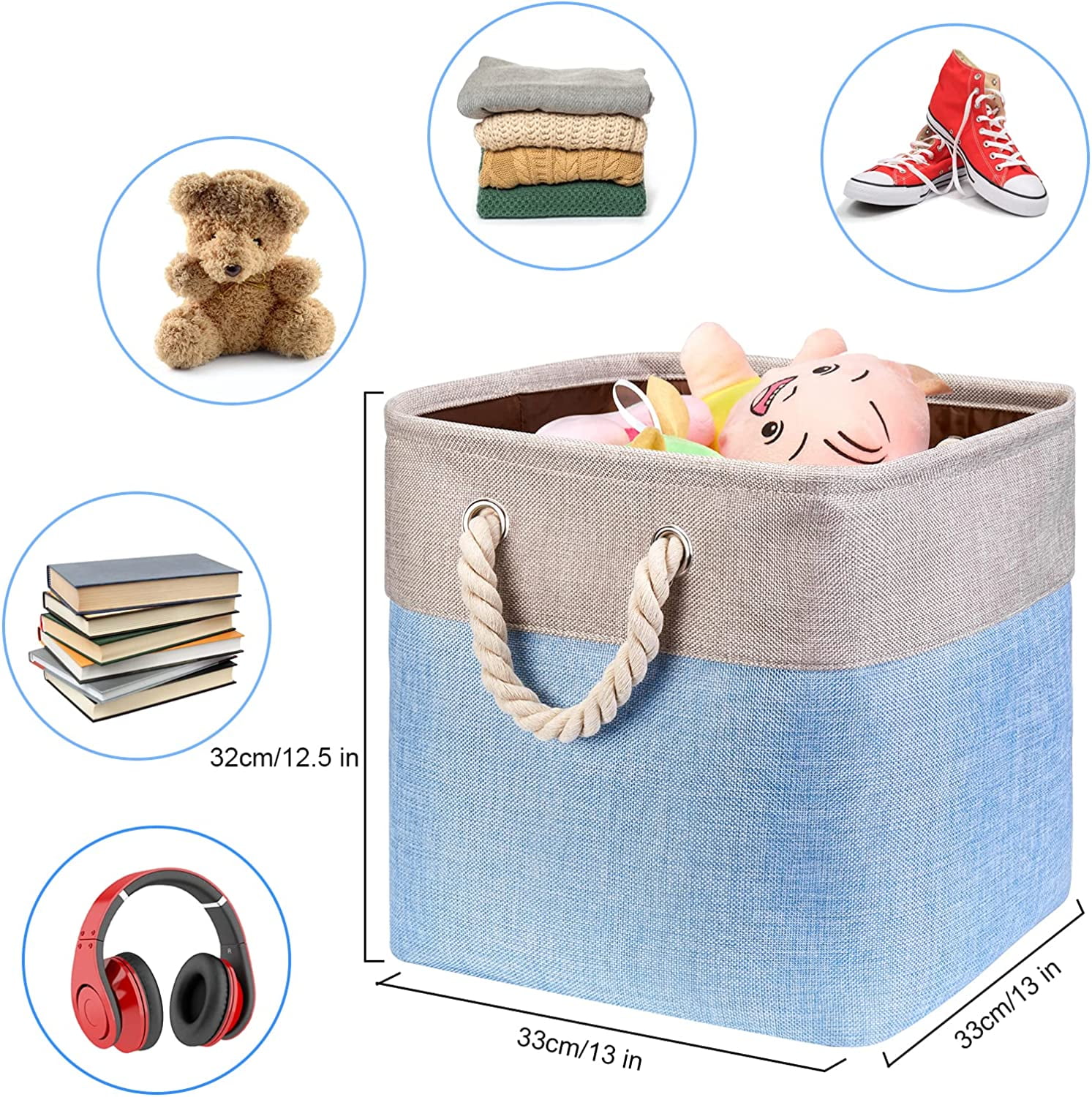 fhxbjoi Fabric Cube Storage Bins 13x13x12.5 Inch Beige and Navy Blue ...