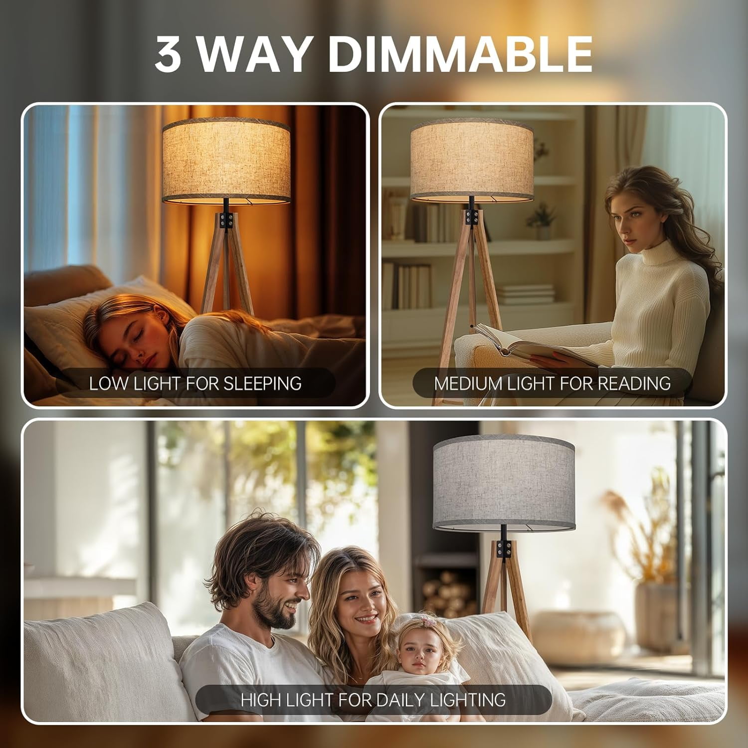 fhxbjoi Floor Lamp with 3 Light Modes Adjustable\u2013 Wood Tripod ...