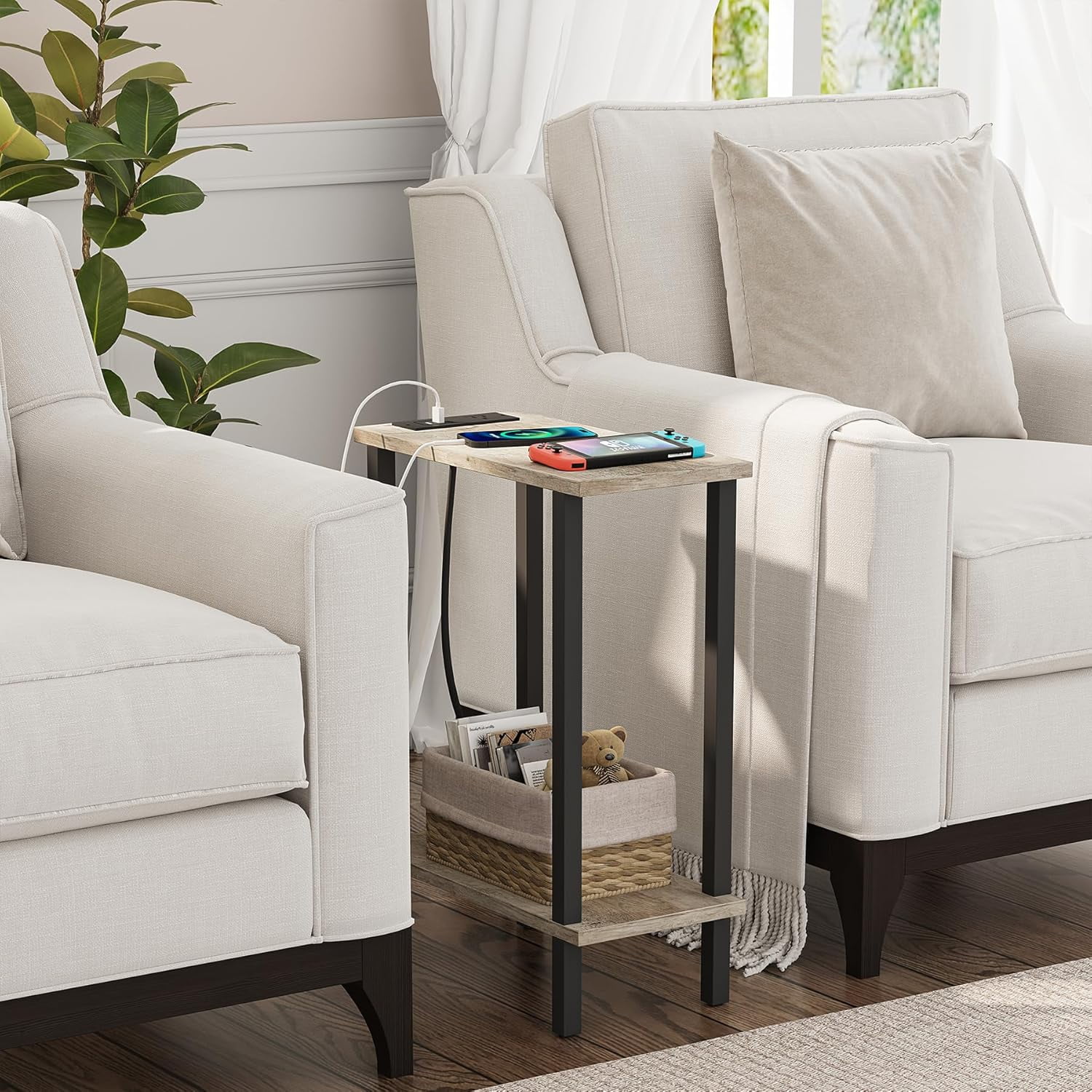 fhxbjoi Narrow Side Table with Charging Station Small End Table with ...