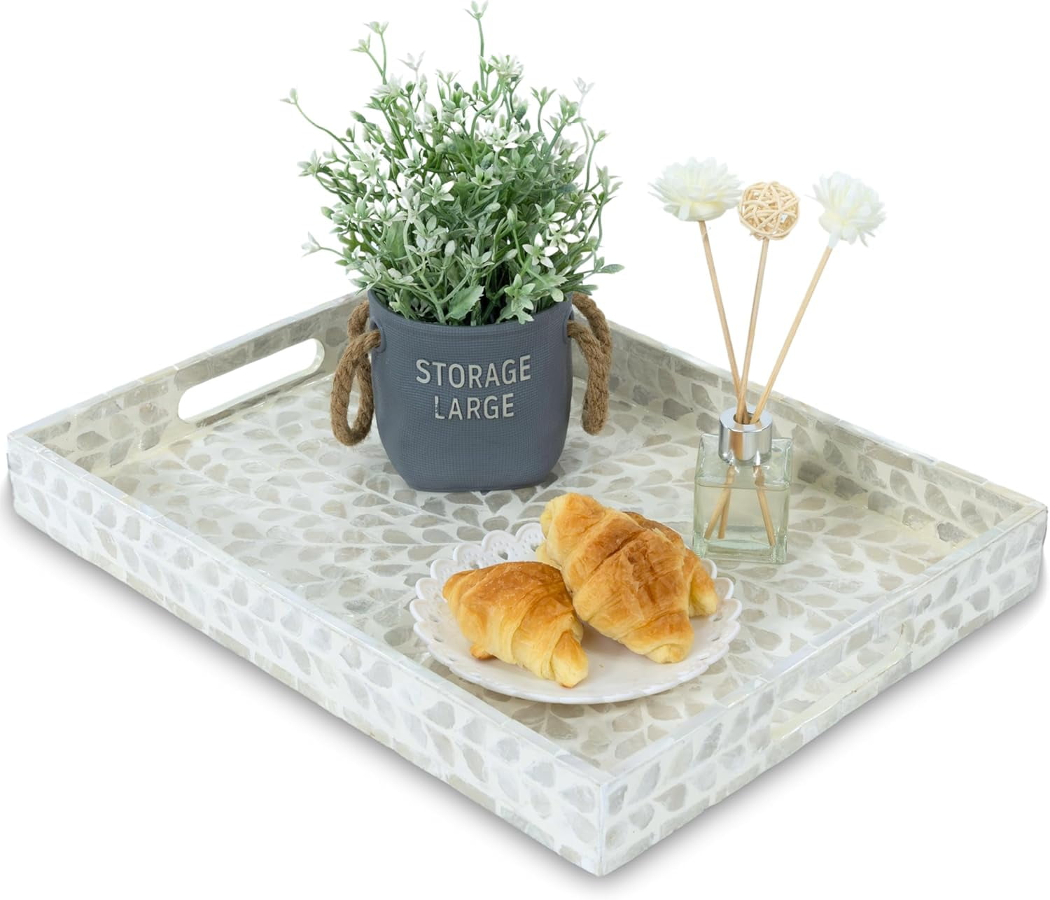 fhxbjoi Serving Tray 15.7" X11.8" Lacquer Mother of Pearl Inlay Mosaic ...