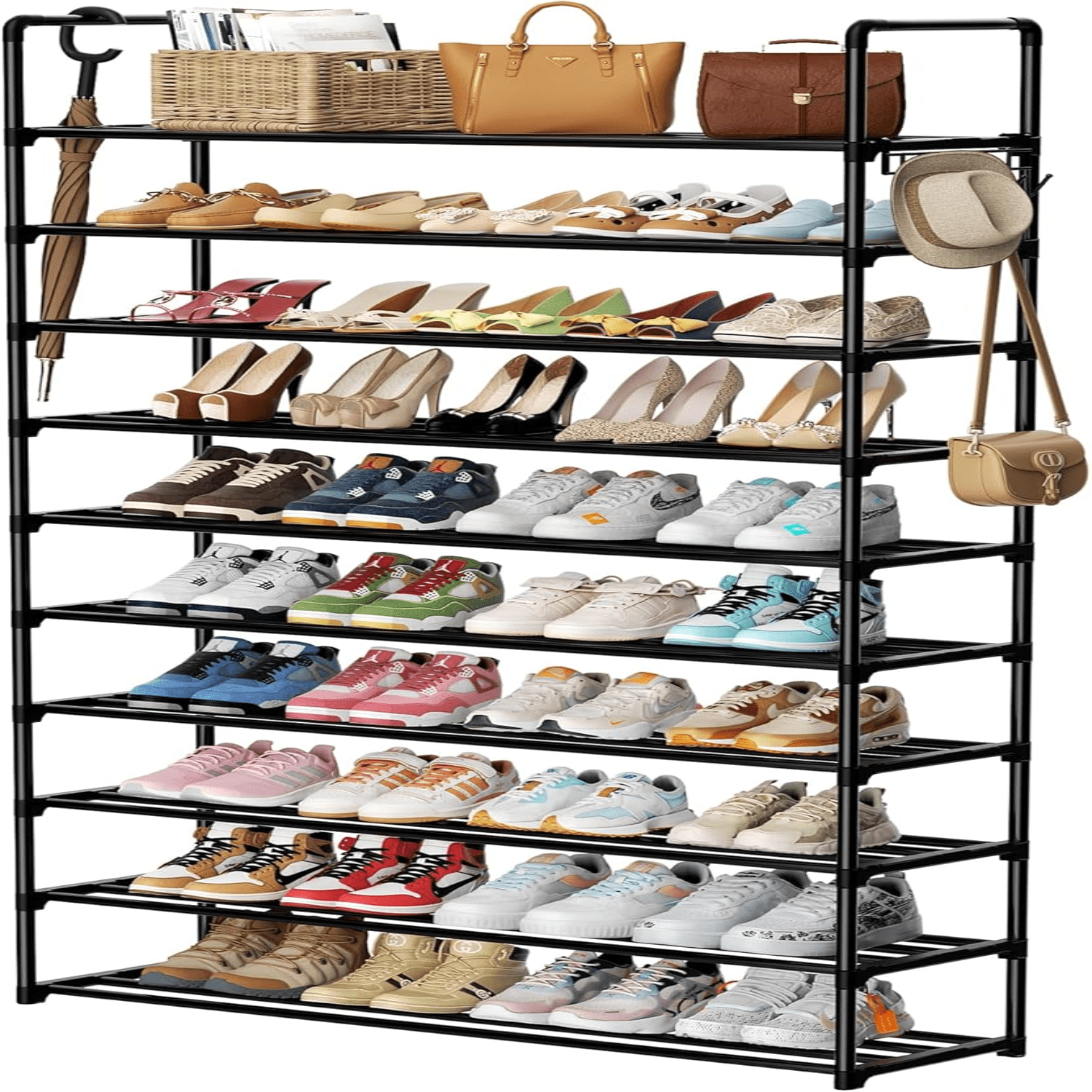 fhxbjoi Shoe Rack 10 Tier Shoe Storage Organizer with Hooks Fit 40-45 ...