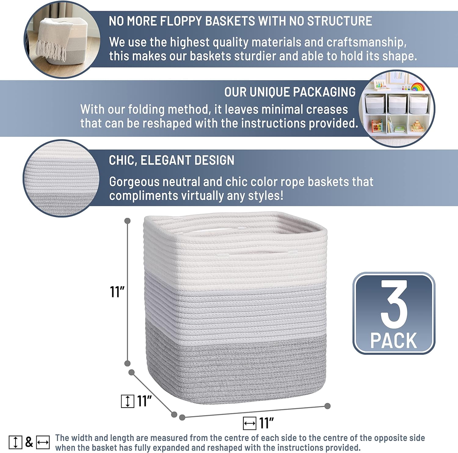 fhxbjoi Storage Cubes 11 Inch Rope Woven Baskets for Organizing 3-Pack ...