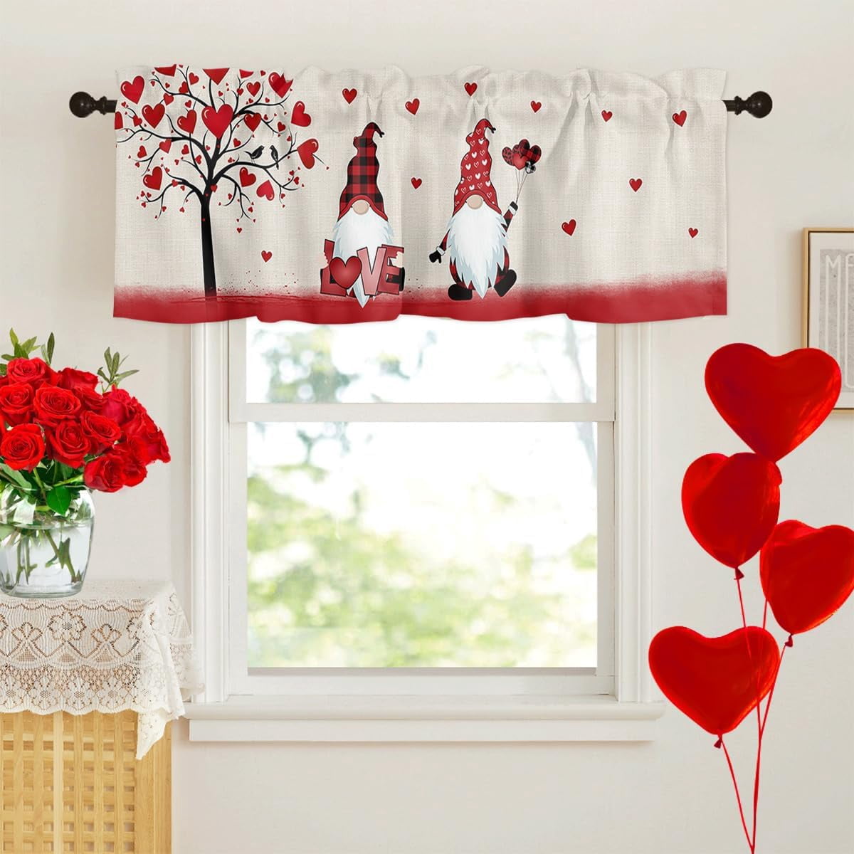 fihei Valentines Day Valances Windows Curtain Gnomes Love Heart Valance Window Treatments Heart ...