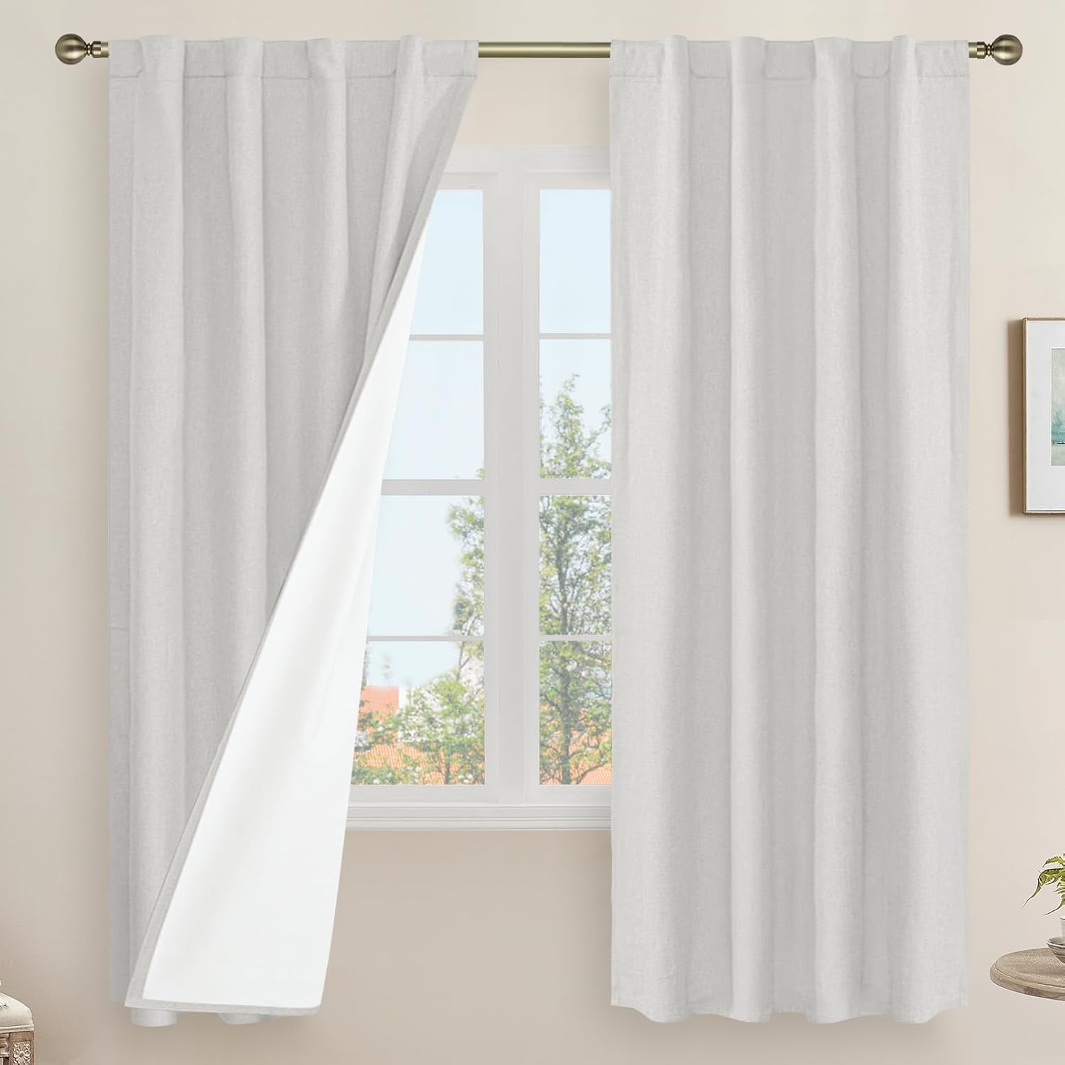 fikdv 100% Blackout Natural Curtains 63 Inches Textured Thermal Bedroom ...