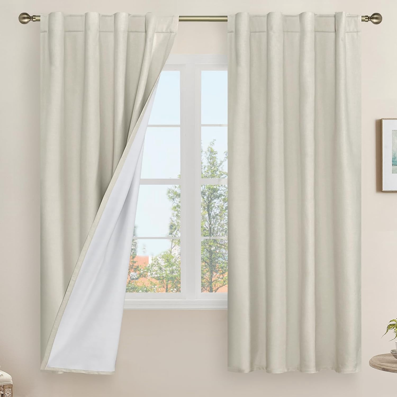 fikdv 100% Blackout Natural Curtains 63 Inches Textured Thermal Bedroom ...