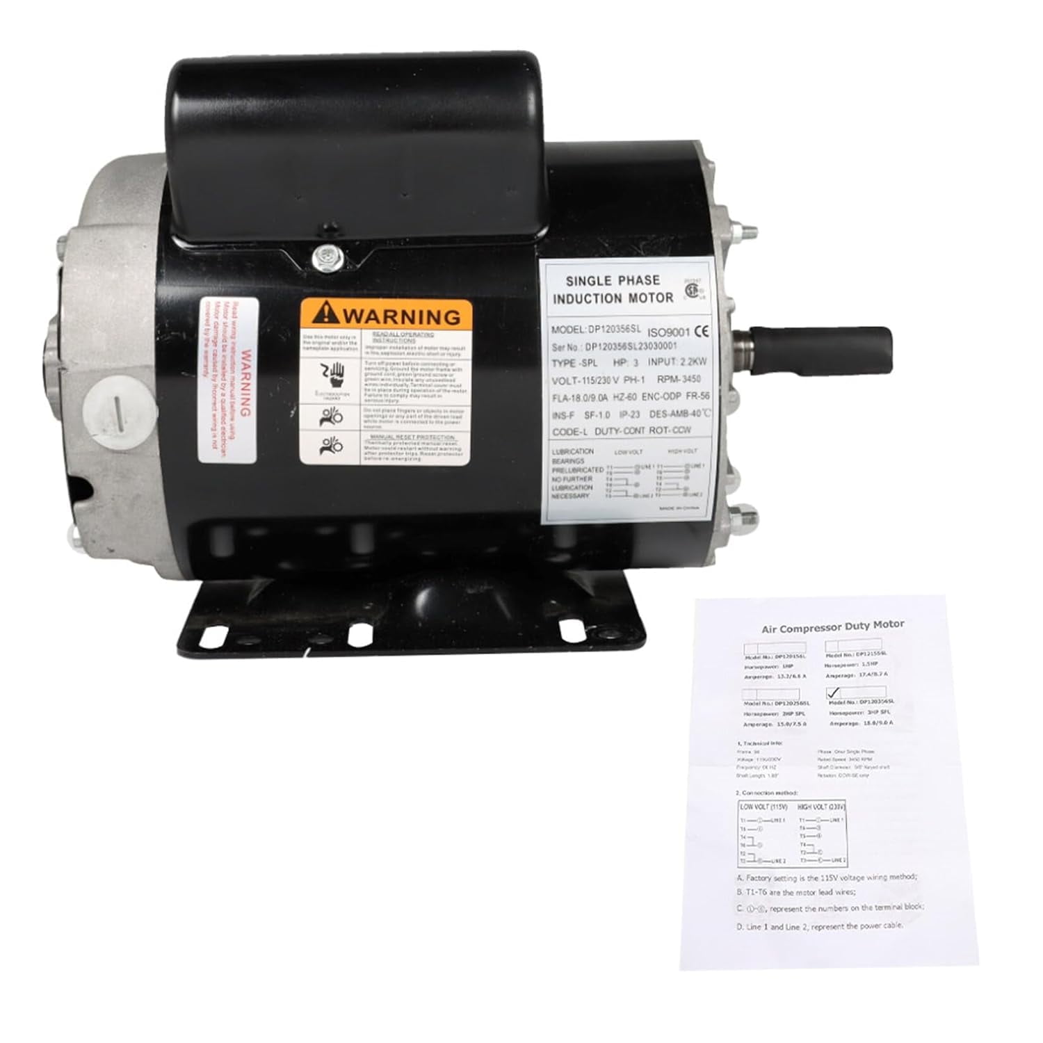 findmall 3 HP SPL Electric Motor 56 Frame 3450RPM Single Phase Motor ...