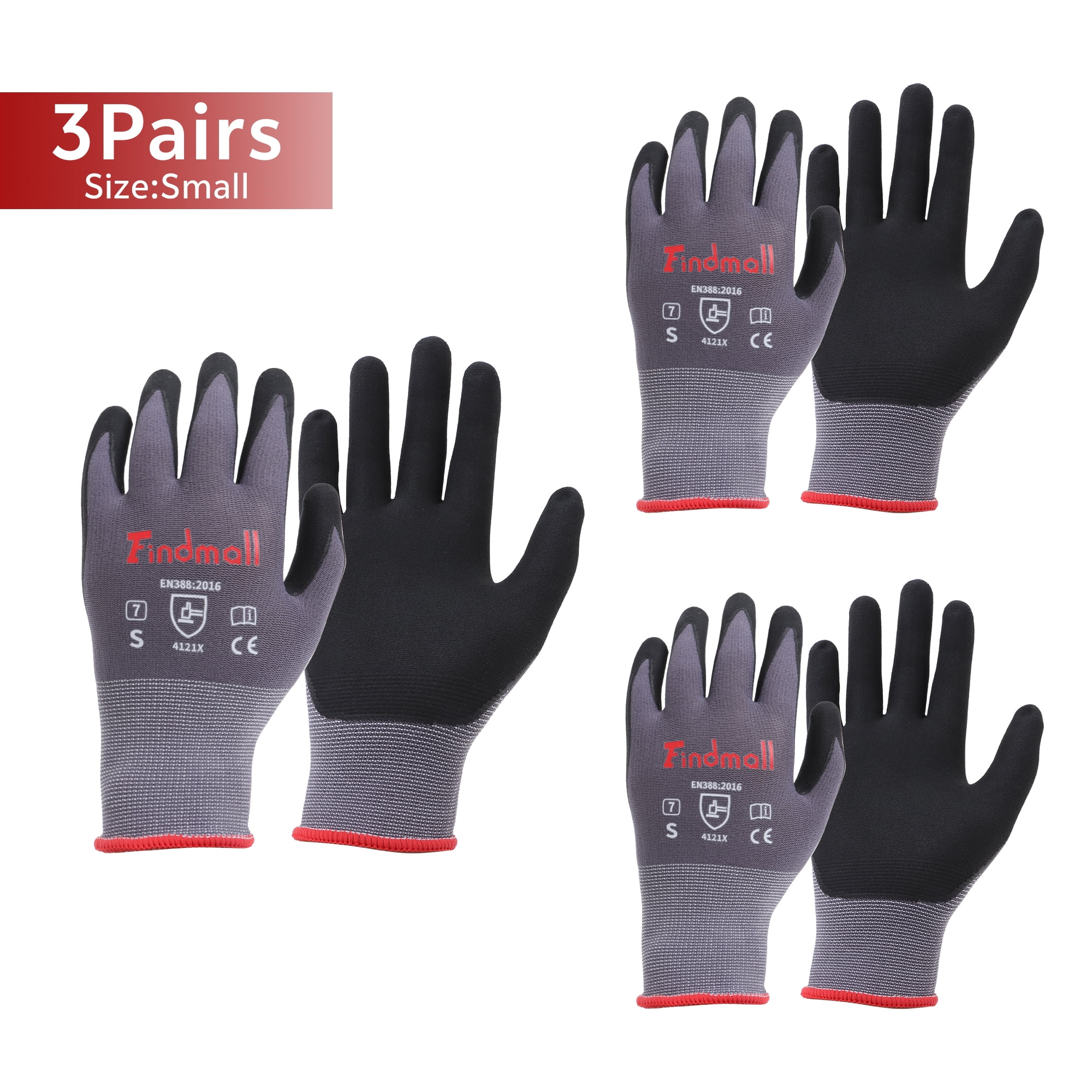 findmall 3 Pairs S-Size Work Gloves MicroFoam Nitrile Coated Knit Nylon ...